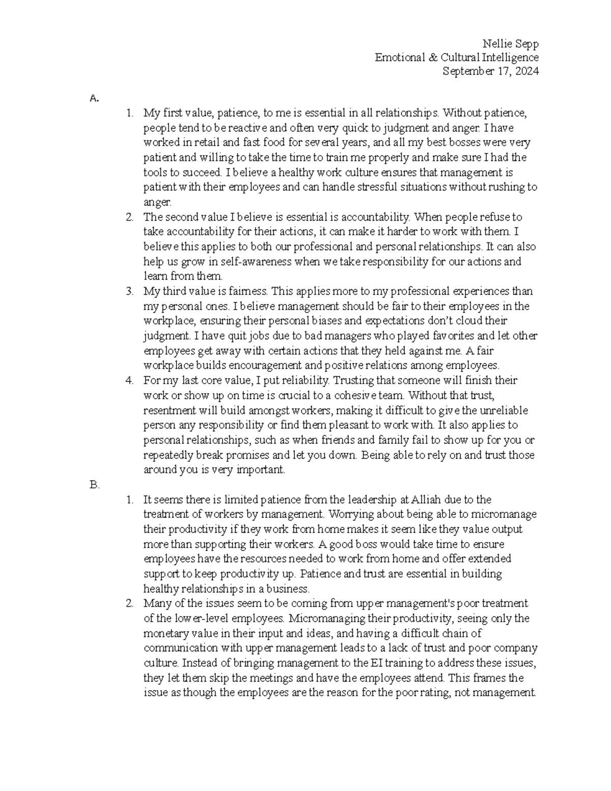 Task 2 - D082 Passed - Nellie Sepp Emotional & Cultural Intelligence September 17, 2024 A. My ...