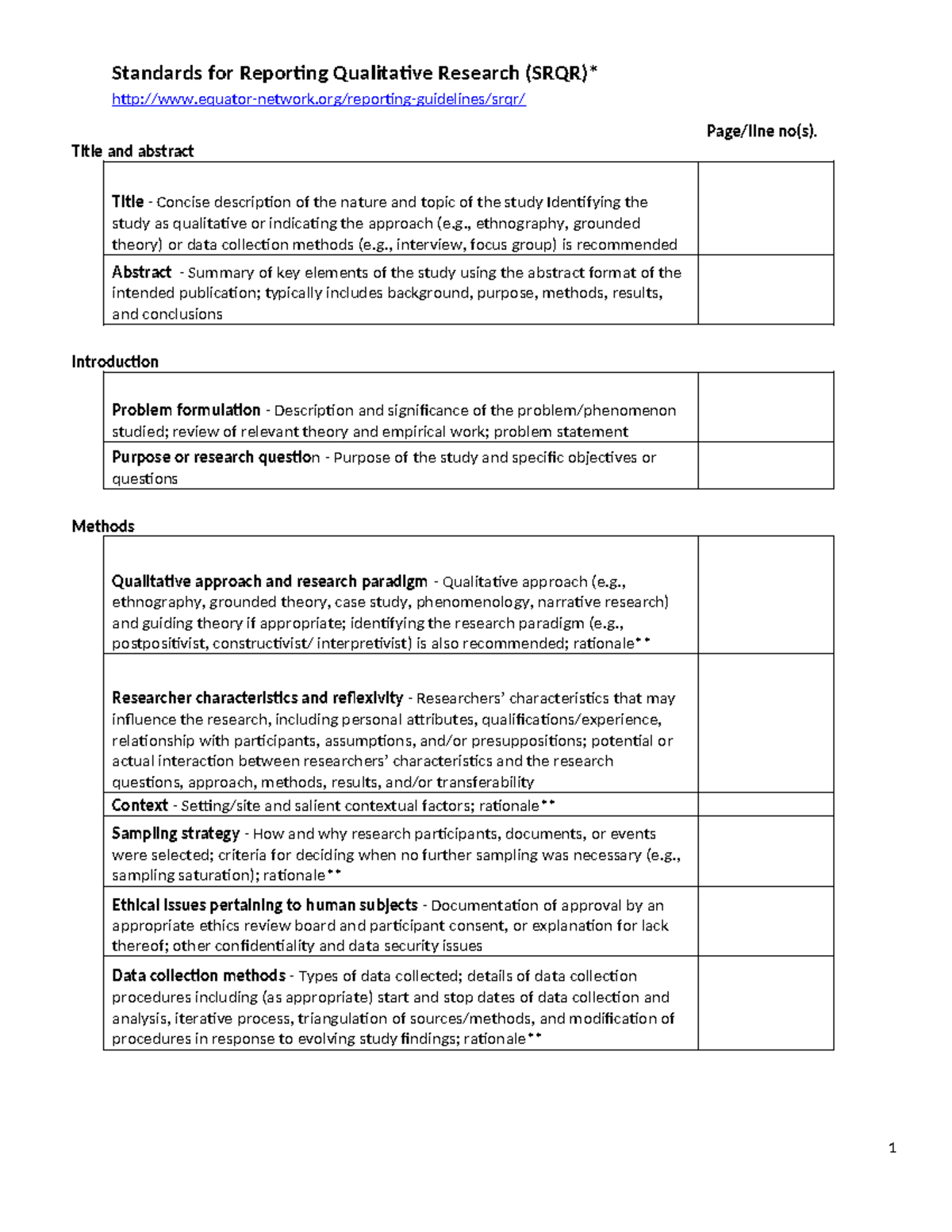SRQR Checklist for Reporting Qualitative Research Standards - Studocu