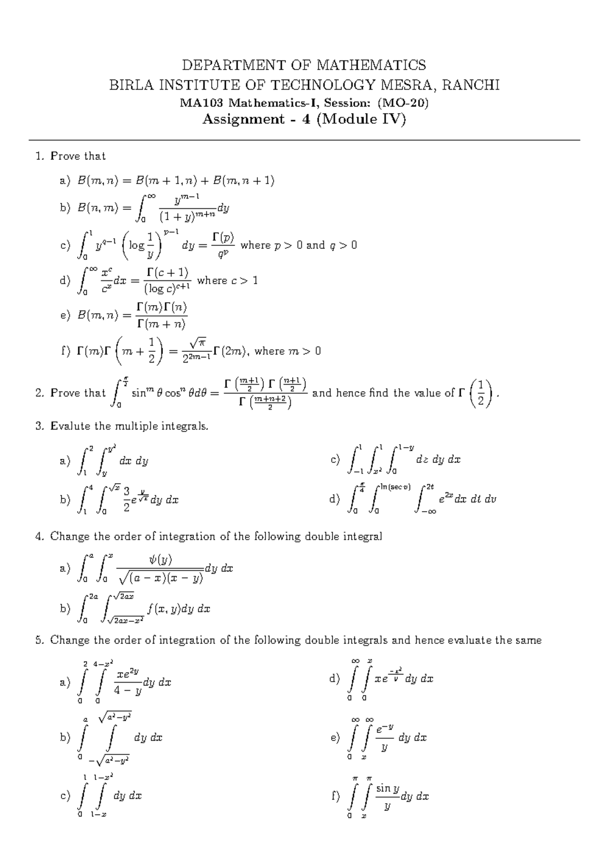 MA103 Assignment 4: Multiple Integrals and Gamma Function Proofs - Studocu