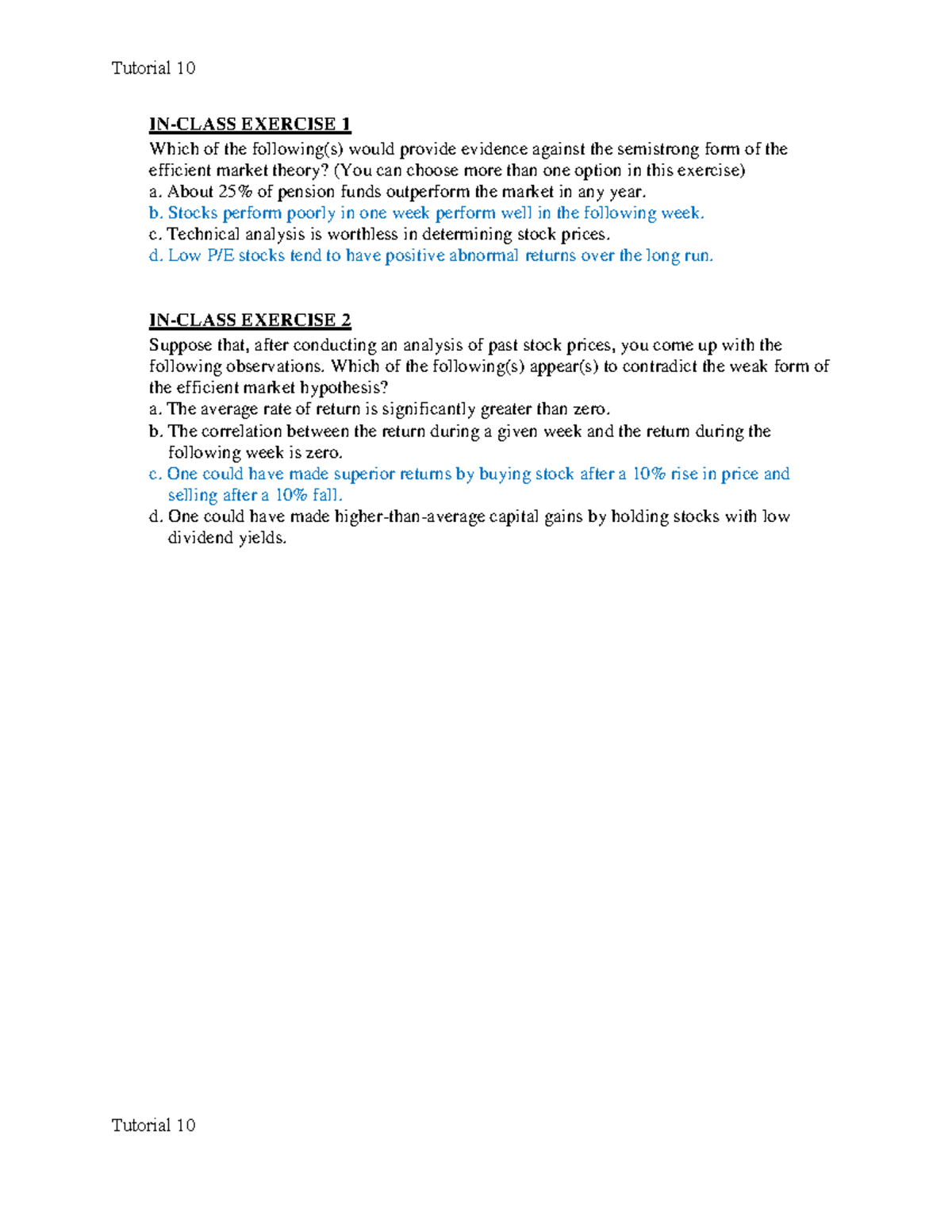 ECON 301: Efficient Market Hypothesis – Tutorial 10 Solutions - Studocu