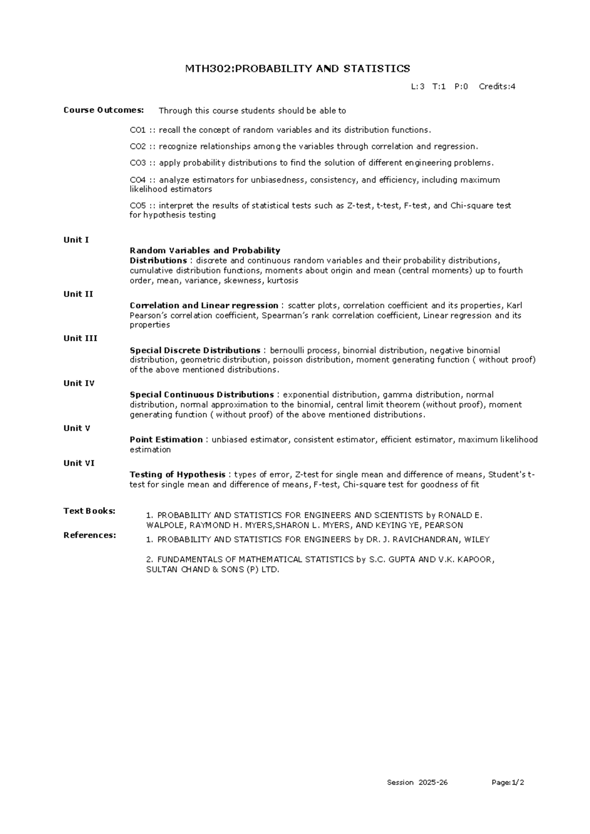 MTH302: Probability and Statistics Syllabus Overview - Studocu