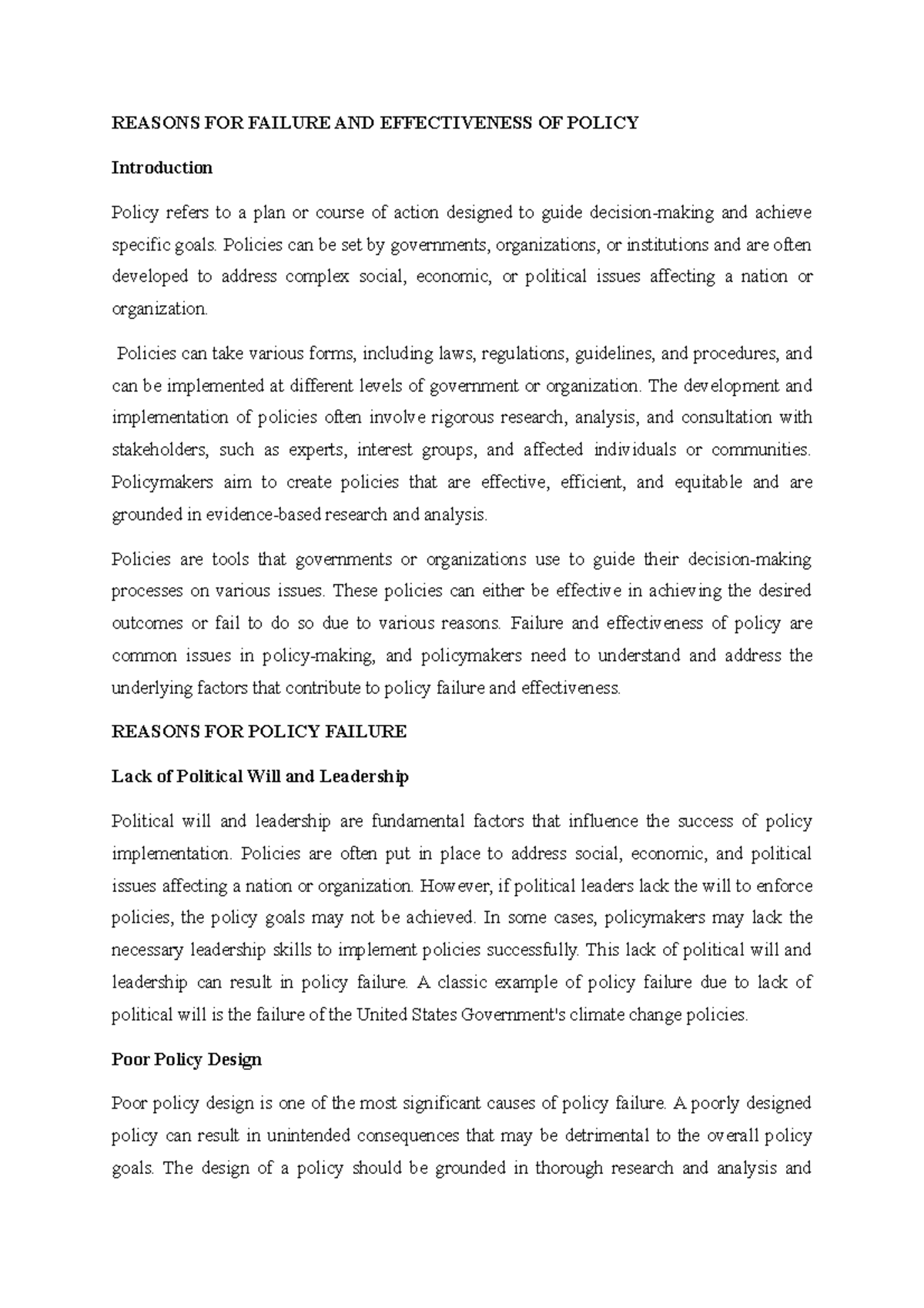 Policy - read - REASONS FOR FAILURE AND EFFECTIVENESS OF POLICY ...