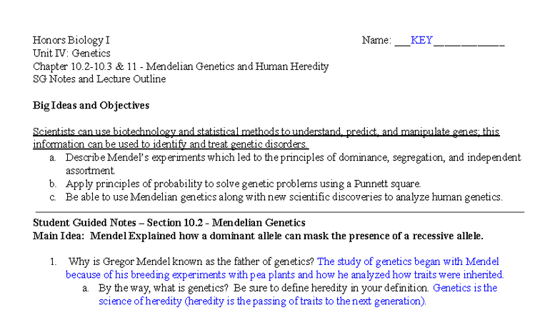 Honors Biology Unit IV: Chapter 11 Mendelian Genetics SG Notes - Studocu