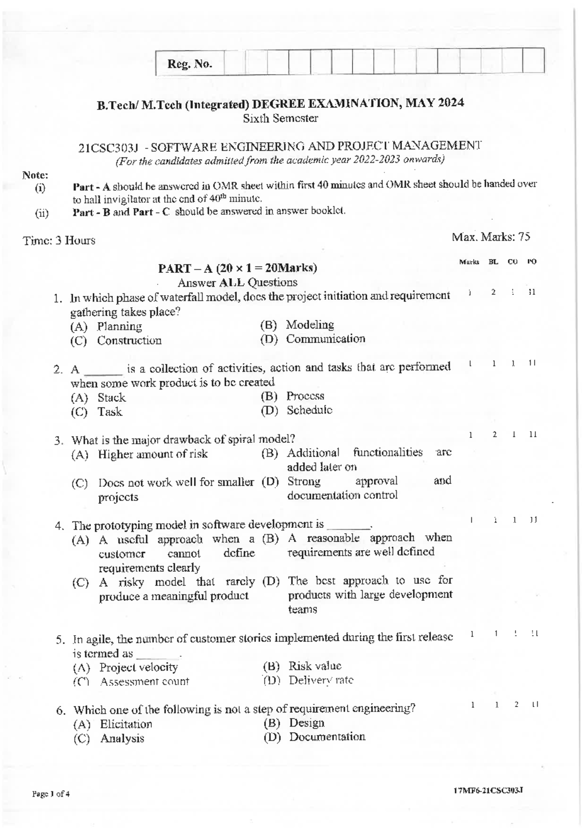 21CSC303J Software Engineering & Project Management PYQ May 2024 - Studocu