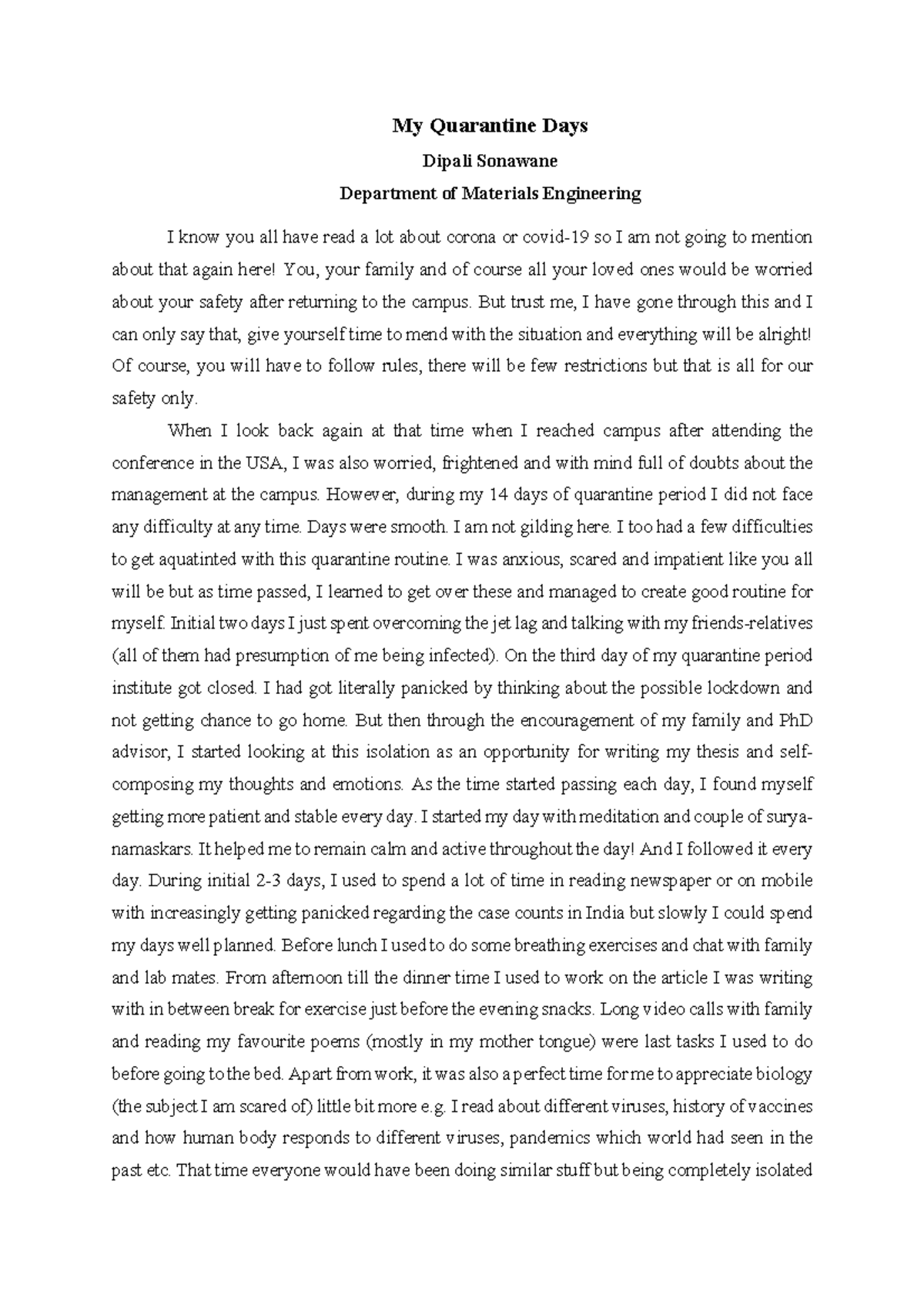 Materials Engineering 101: My Quarantine Days - An Essay Reflection ...