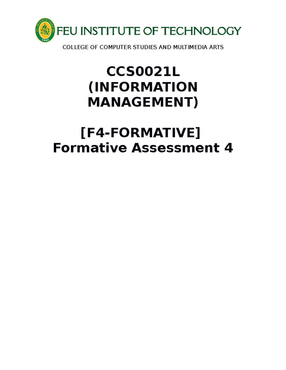 [F4-Formative] SQL DML & Advanced SQL Concepts - CCS0021L - Studocu