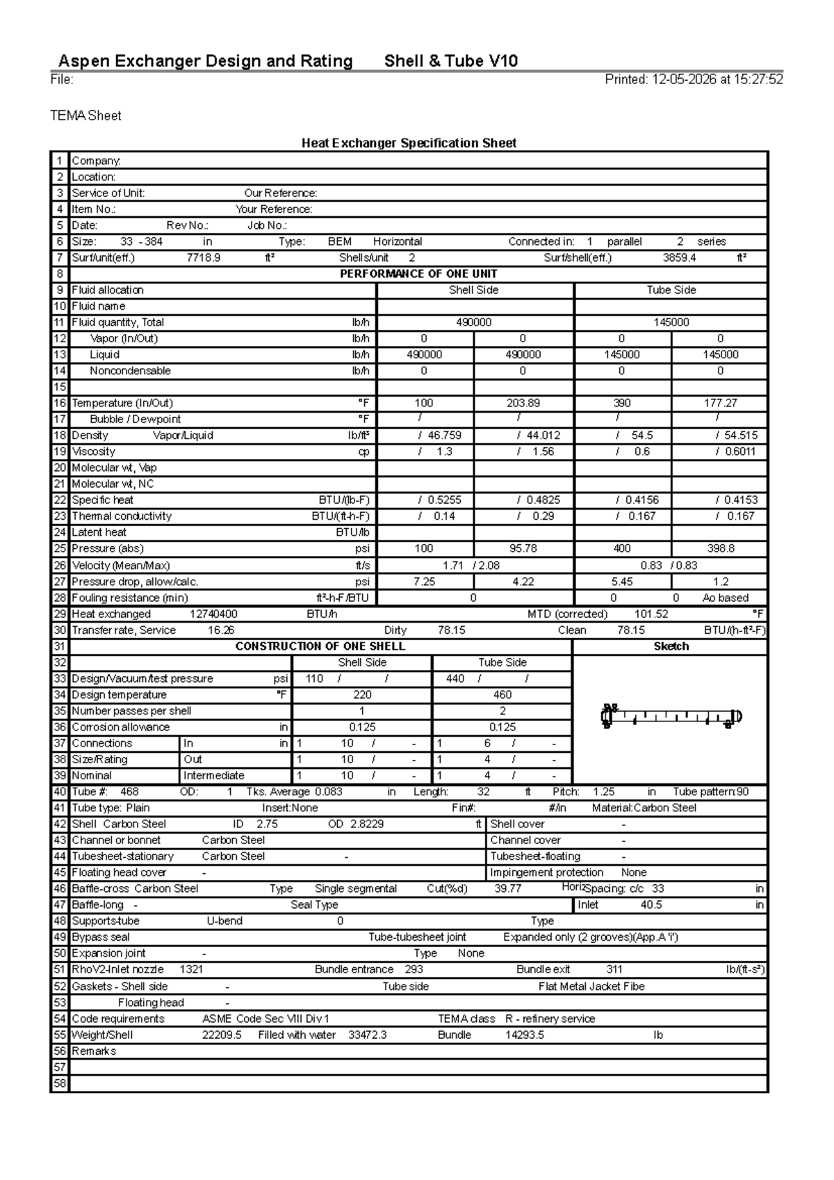 TEMA Sheet: Aspen Exchanger Design & Rating V10 Specifications - Studocu