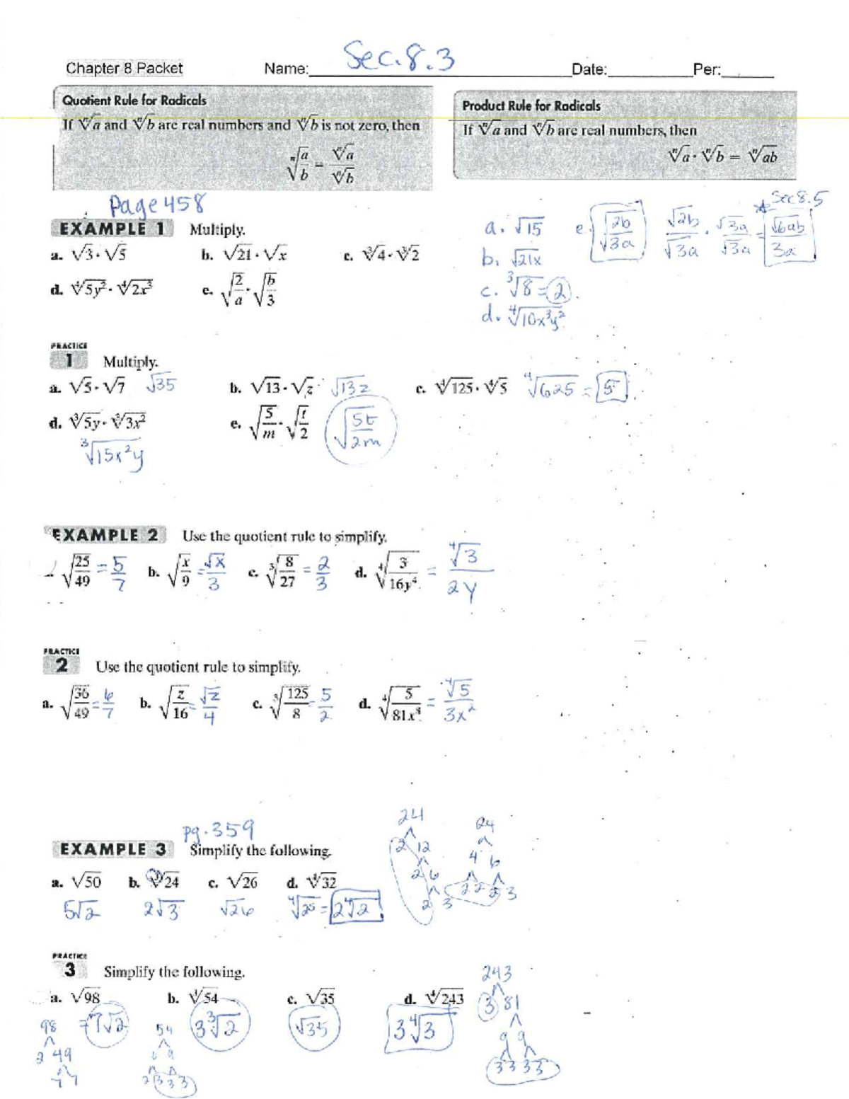Algebra 2 Chapter 8.3: Quotient & Product Rules for Radicals - Studocu