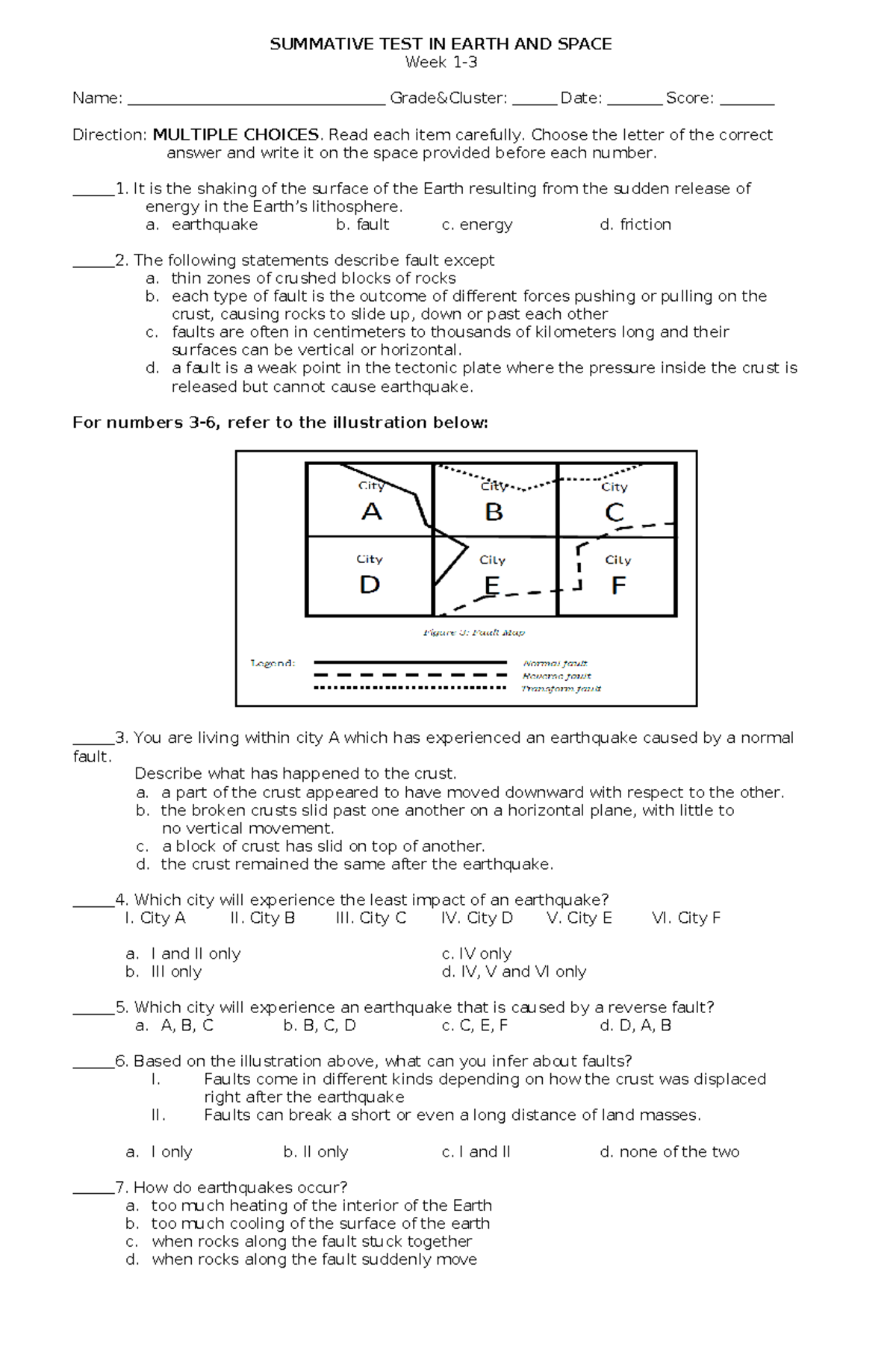 Summative Test G7: Earth and Space Concepts and Earthquakes - Studocu