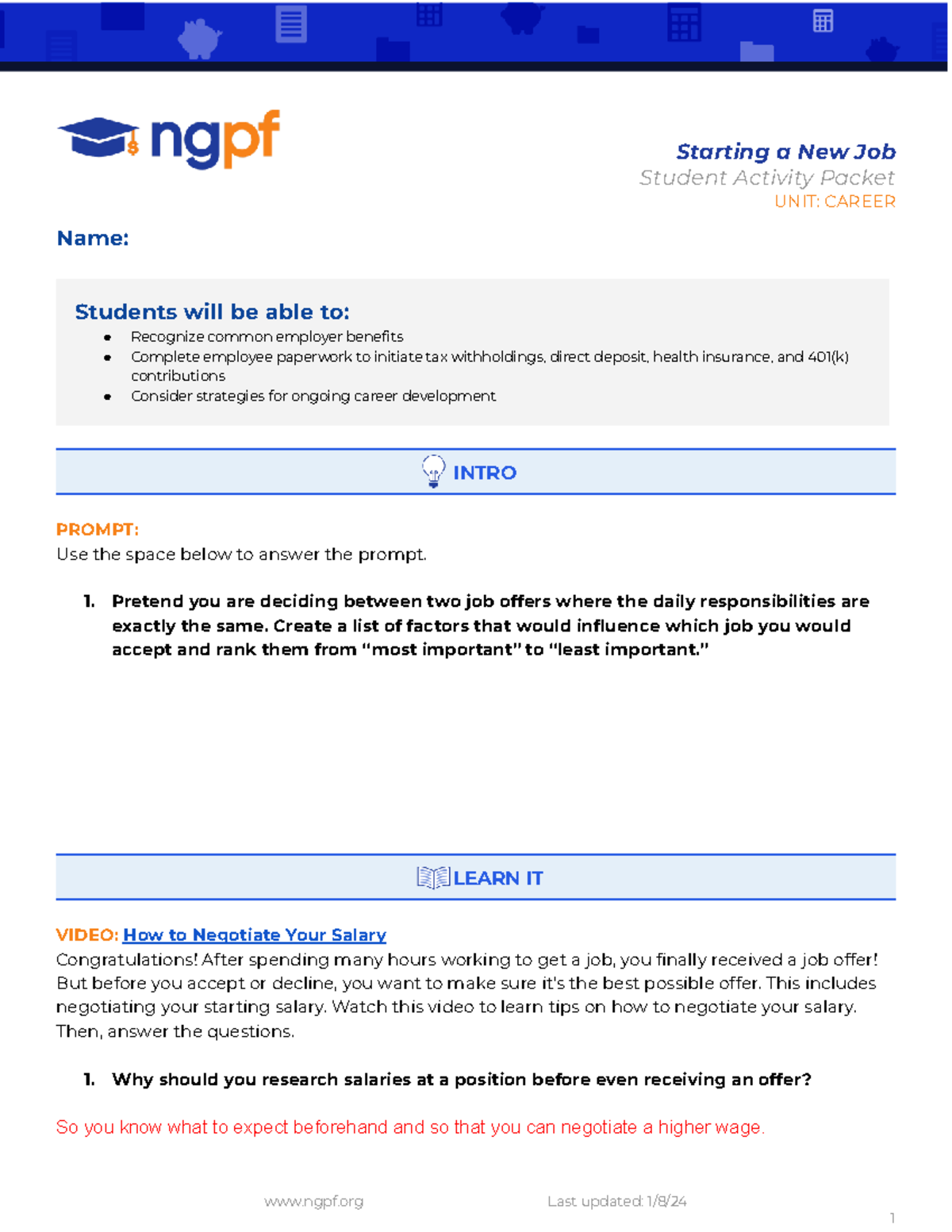 Starting a New Job Student Activity Packet (Career Unit) - Studocu