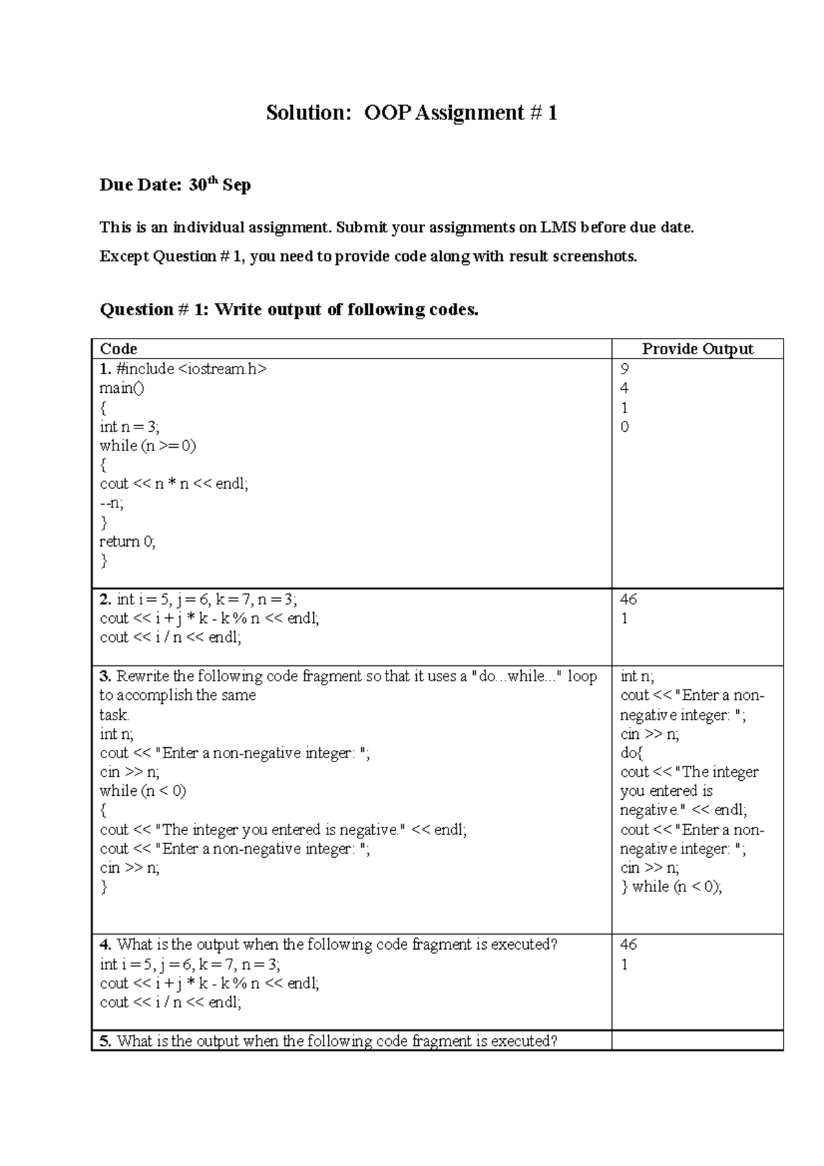 OOP A1 Solutions - Assignment 1 (Due: 30th Sep) - Studocu