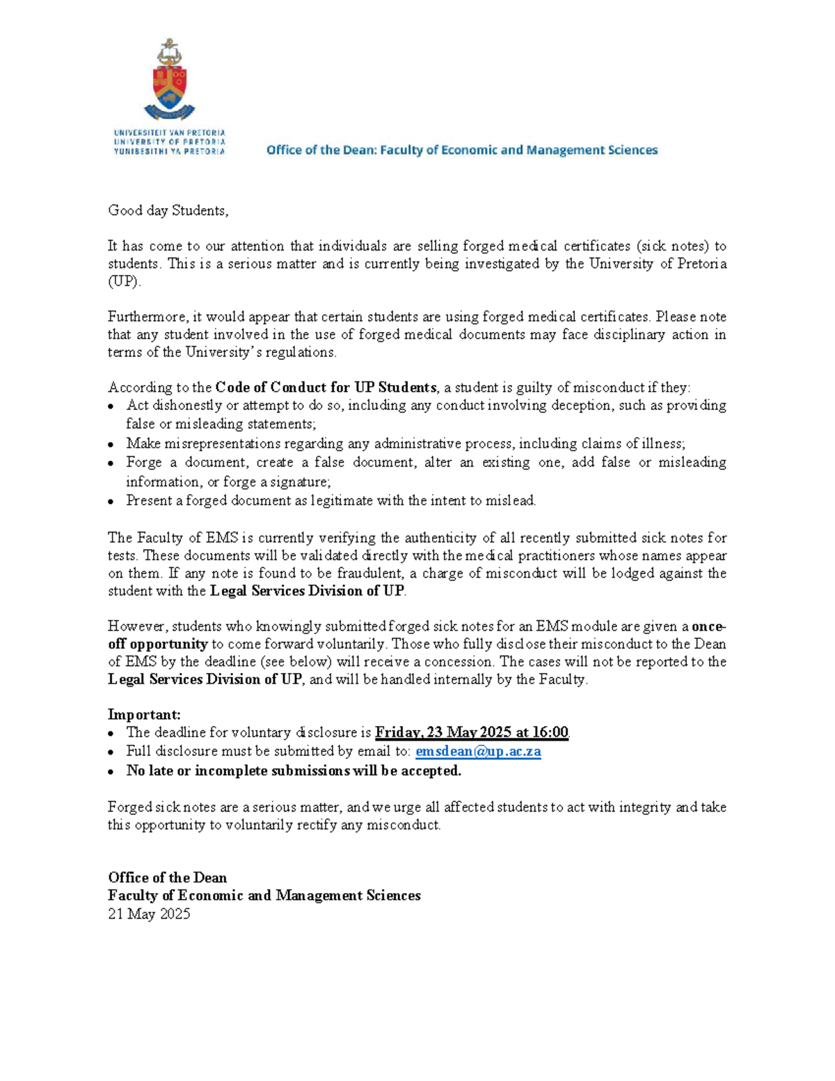 UP EMS Notice: Fraudulent Sick Notes and Disciplinary Actions - Studocu