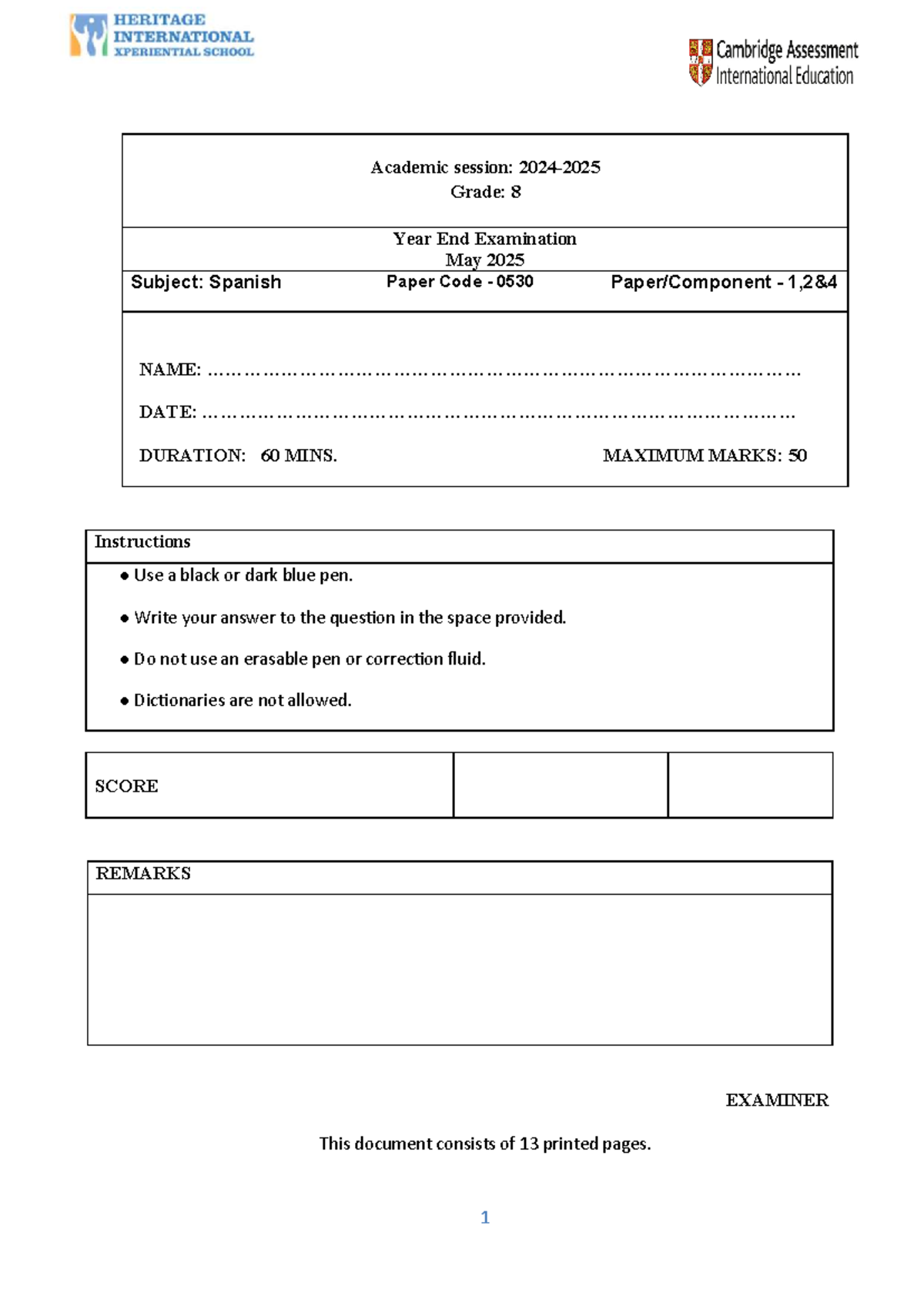 Spanish Year-End Exam Paper Code 0530 - May 2025 - Studocu