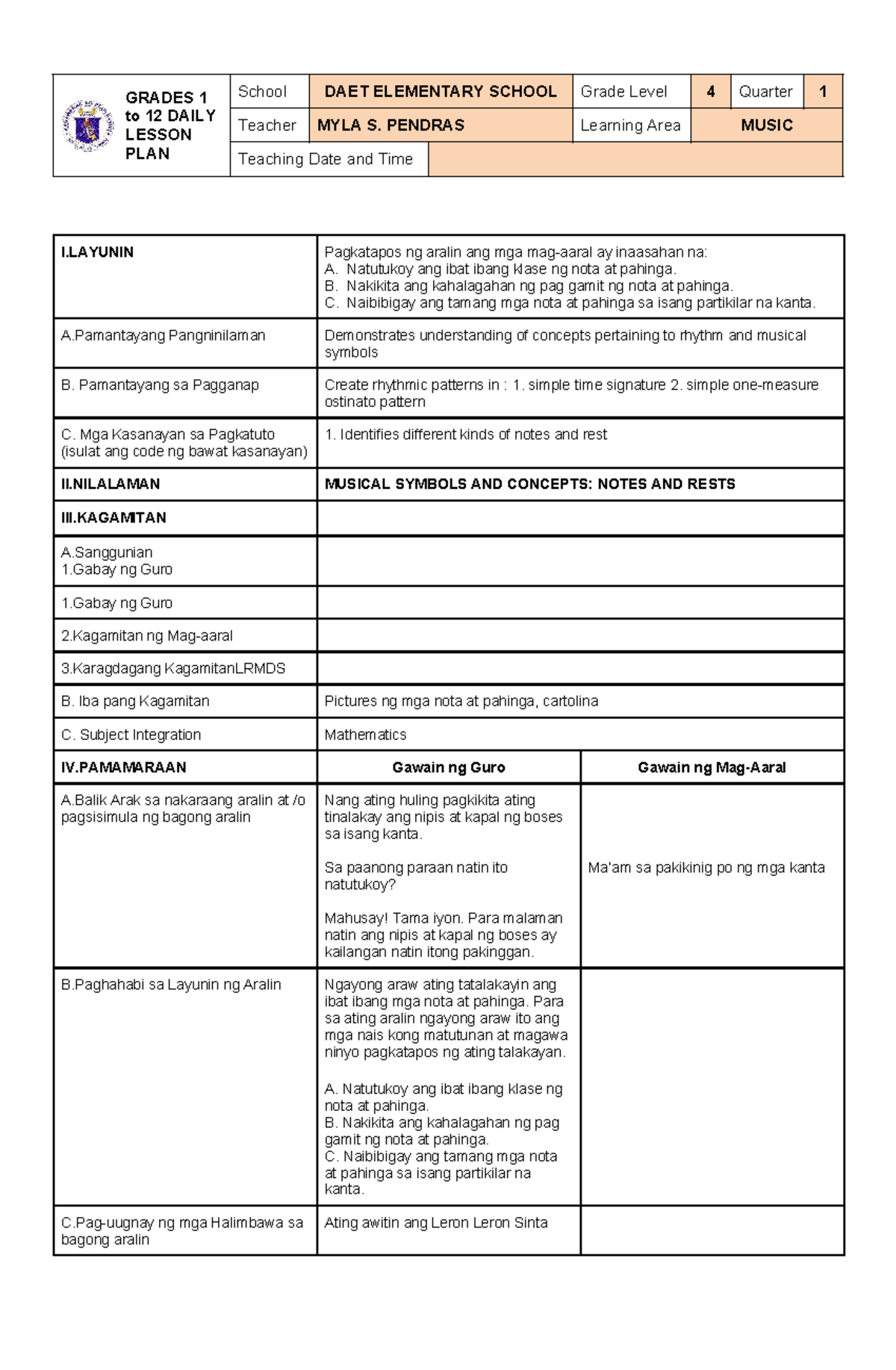 MUSIC 4 - Lesson Plan on Notes and Rests for Grade 4 Students - Studocu