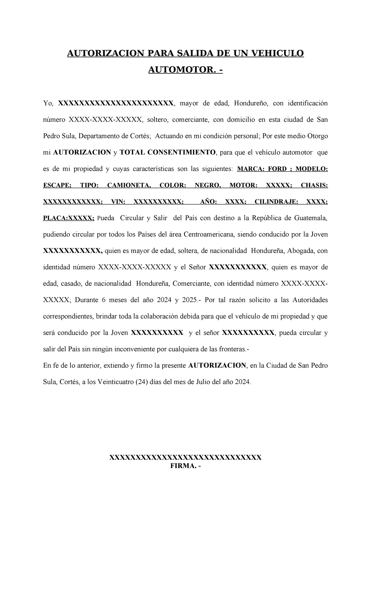 AUTORIZACIÓN DE SALIDA DE VEHÍCULO AUTOMOTOR - FORMATO 2024 - Studocu