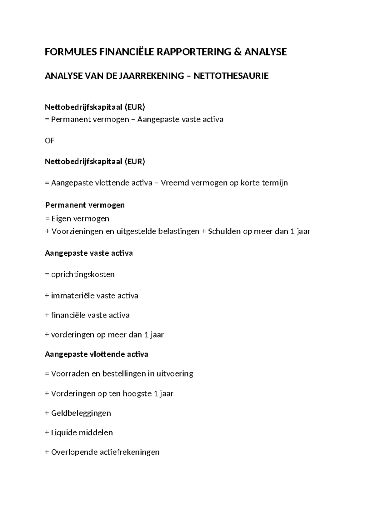 Formules financiële rapportering en analyse - FORMULES FINANCIËLE ...