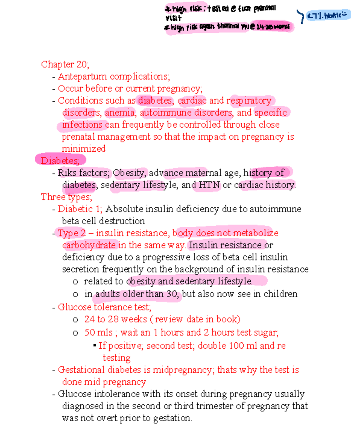 OB Final Exam - High Risk Prenatal Management and Diabetes Overview ...