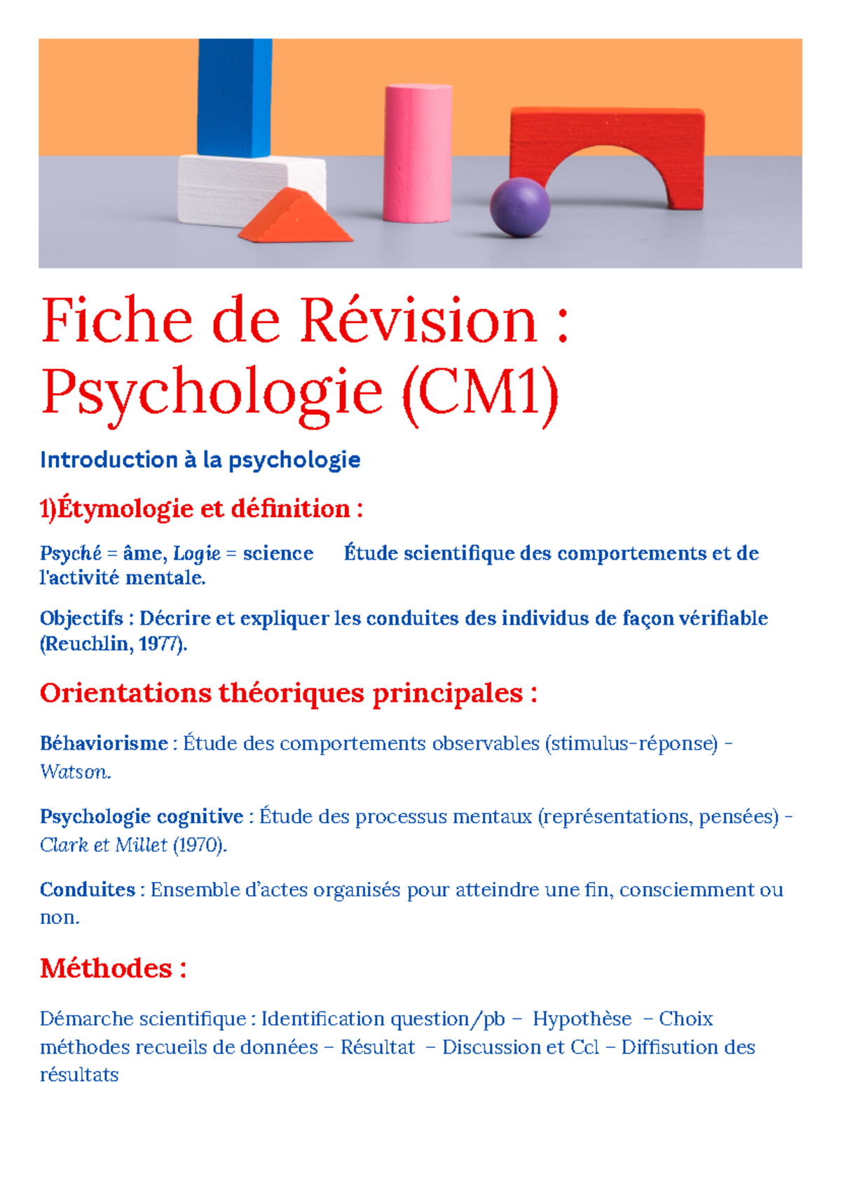 Fiche révision psycho - Fiche de Révision : Psychologie (CM 1 ...