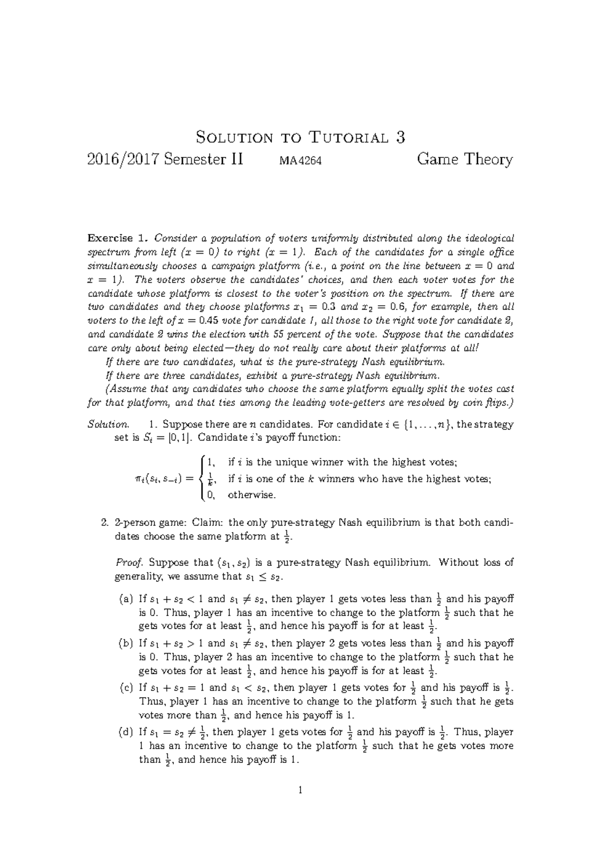 MA4264-Tut3sol - Tutorial 3 solution - Solution to Tutorial 3 2016/2017 ...
