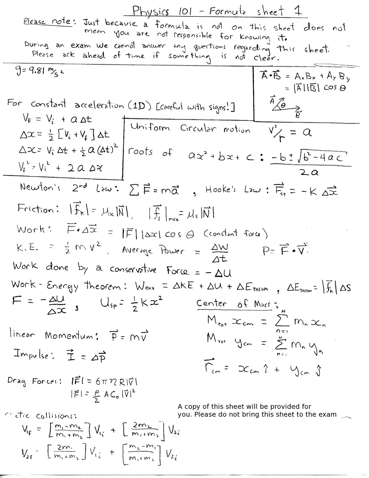 Physics 101 Final Exam Formula Sheet 1 - Studocu