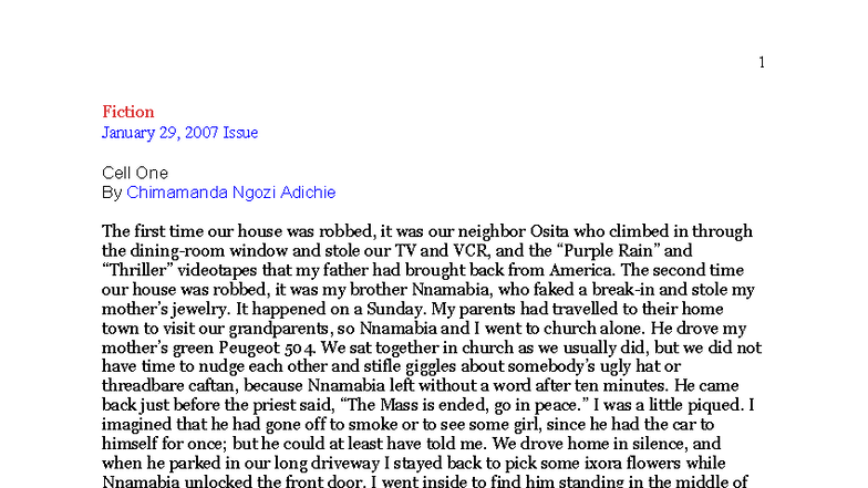 Cell One - Chimamanda Ngozi Adichie: Reading Assignment (ENG 101) - Studocu