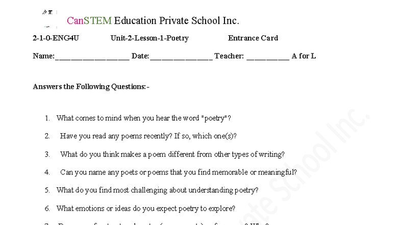 CanSTEM Education Private School Inc. Entrance Card Exam Questions ...