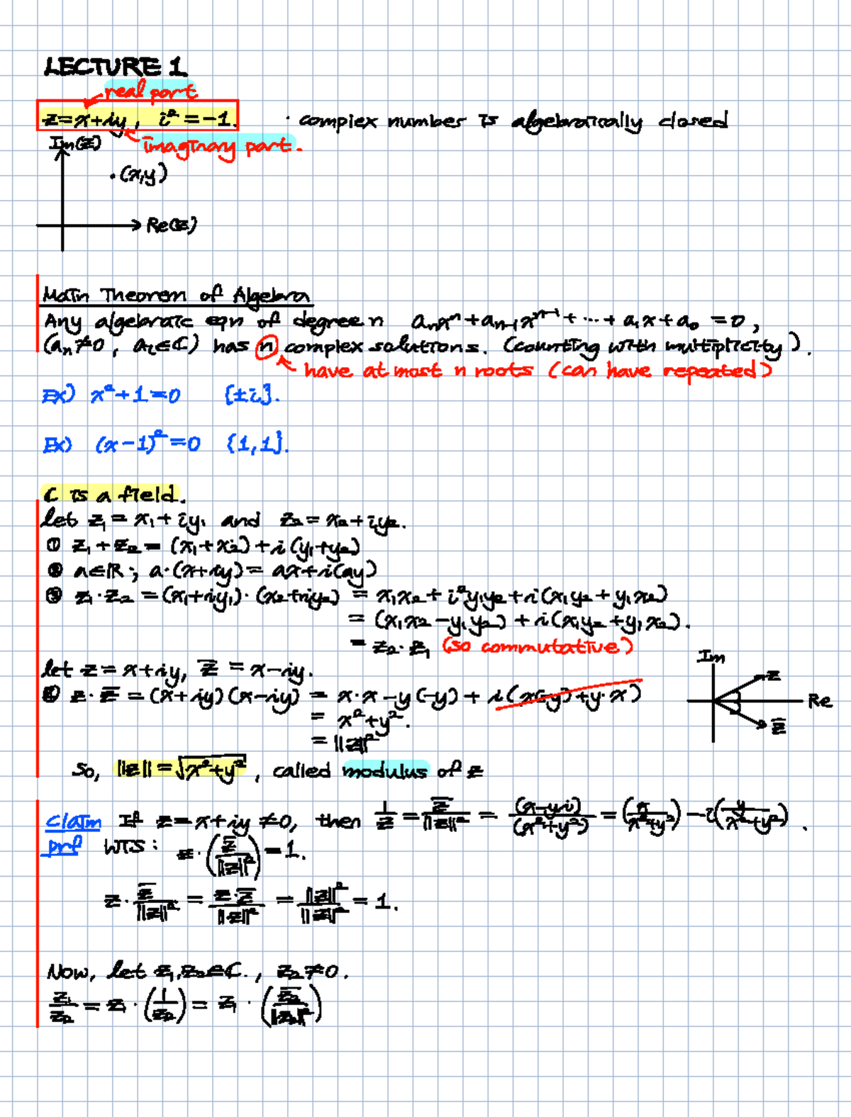 [MATH 316] Lecture 1: Complex Numbers and Algebraic Closure - Studocu