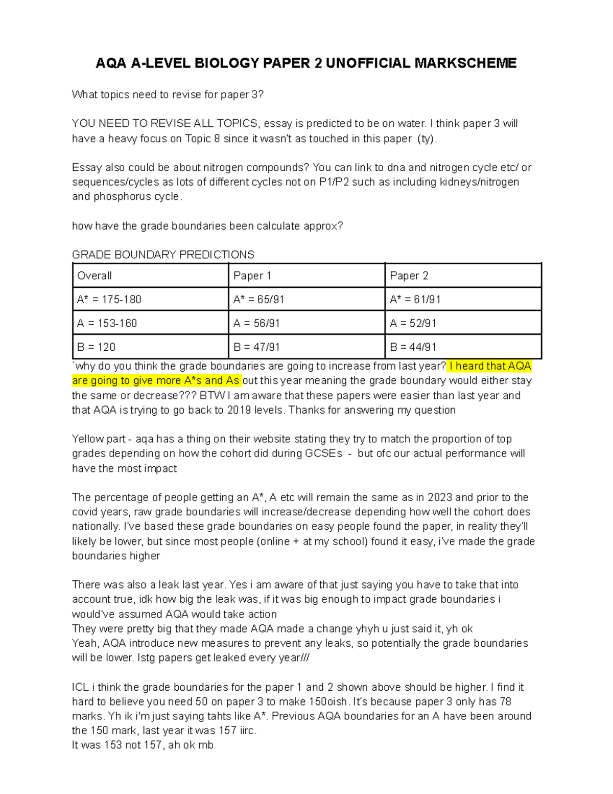 AQA A-Level Biology 2024 Paper 3 Revision Notes and Grade Boundary ...
