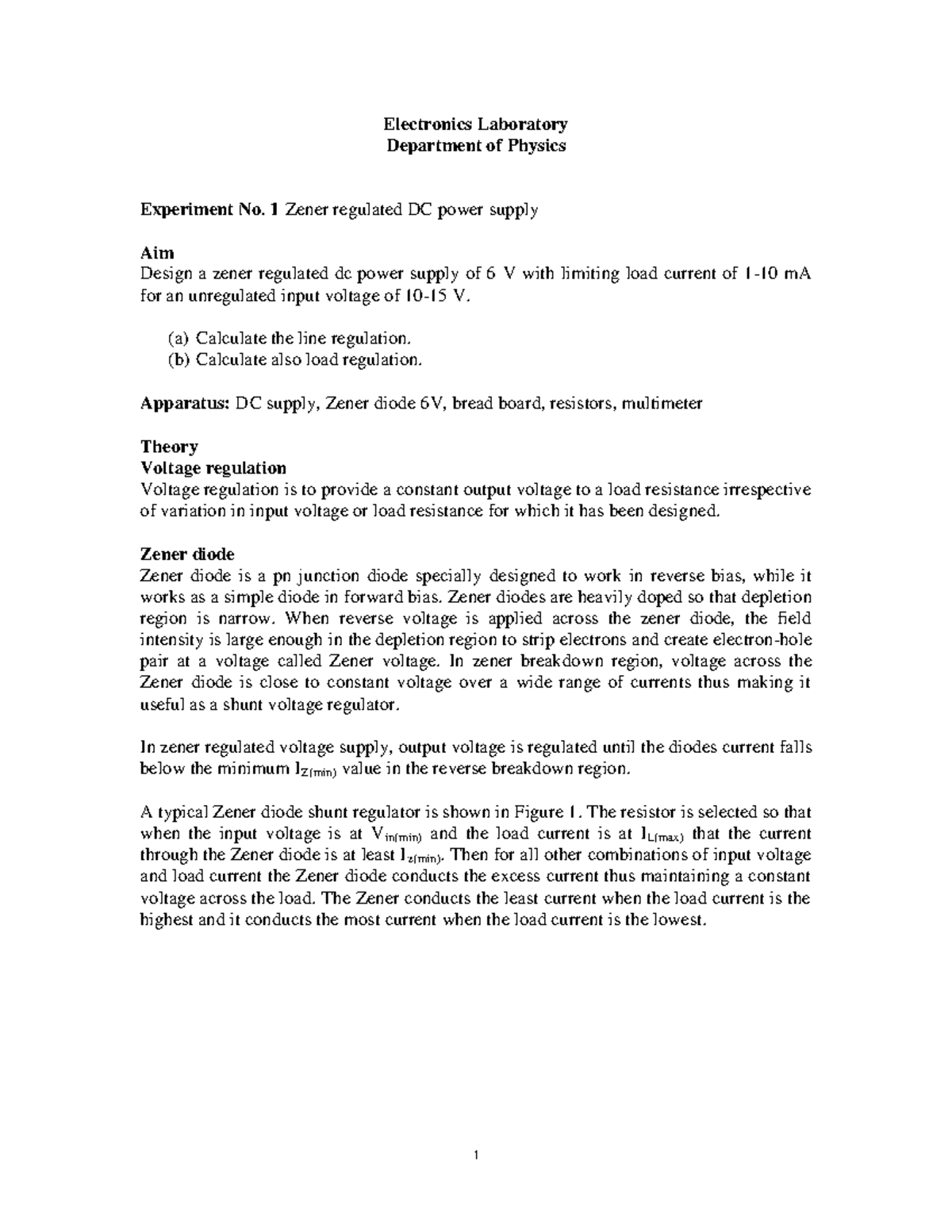Electronics Lab Experiment No. 1: Zener Regulated DC Power Supply - Studocu