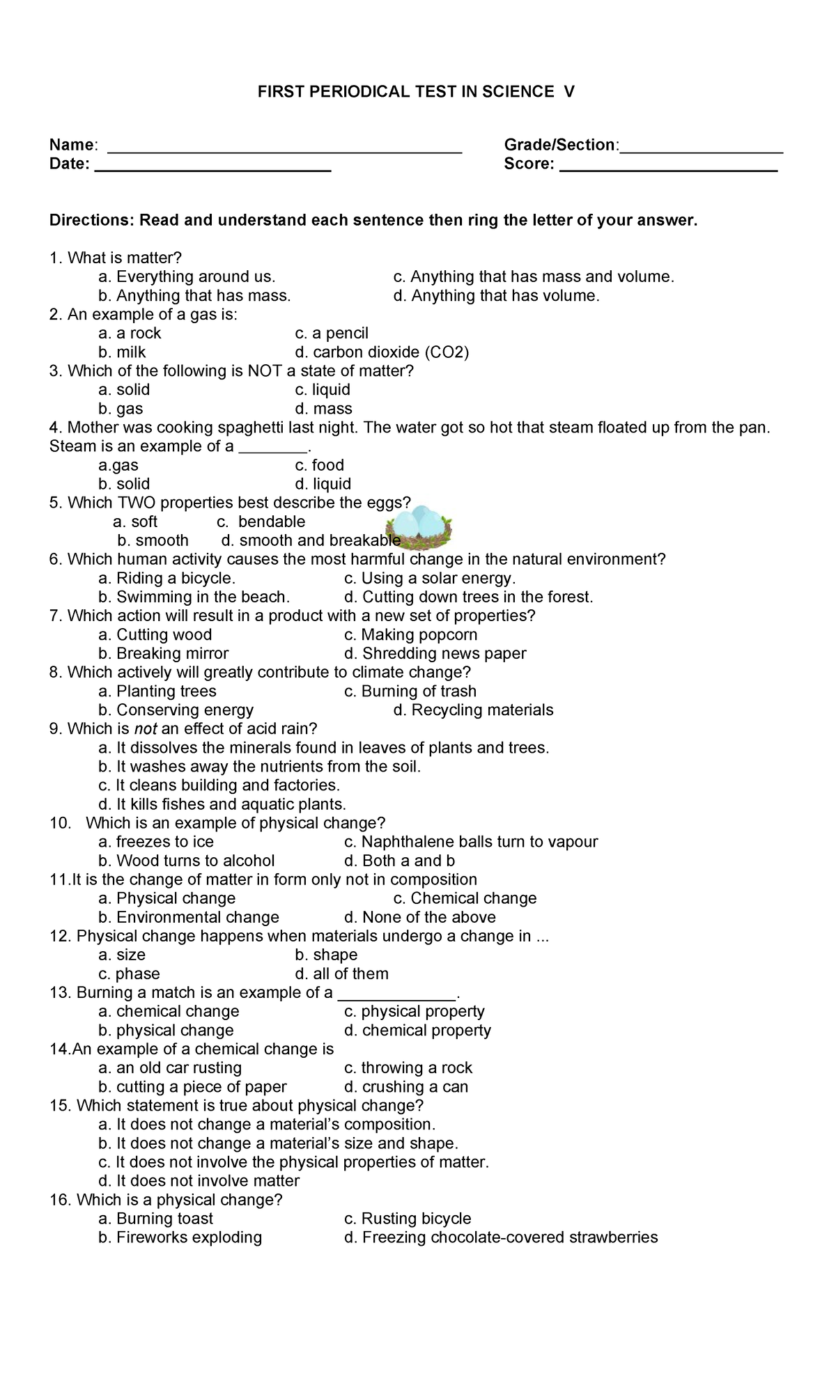 First PT- Science V - FIRST PERIODICAL TEST IN SCIENCE V Name: - Studocu