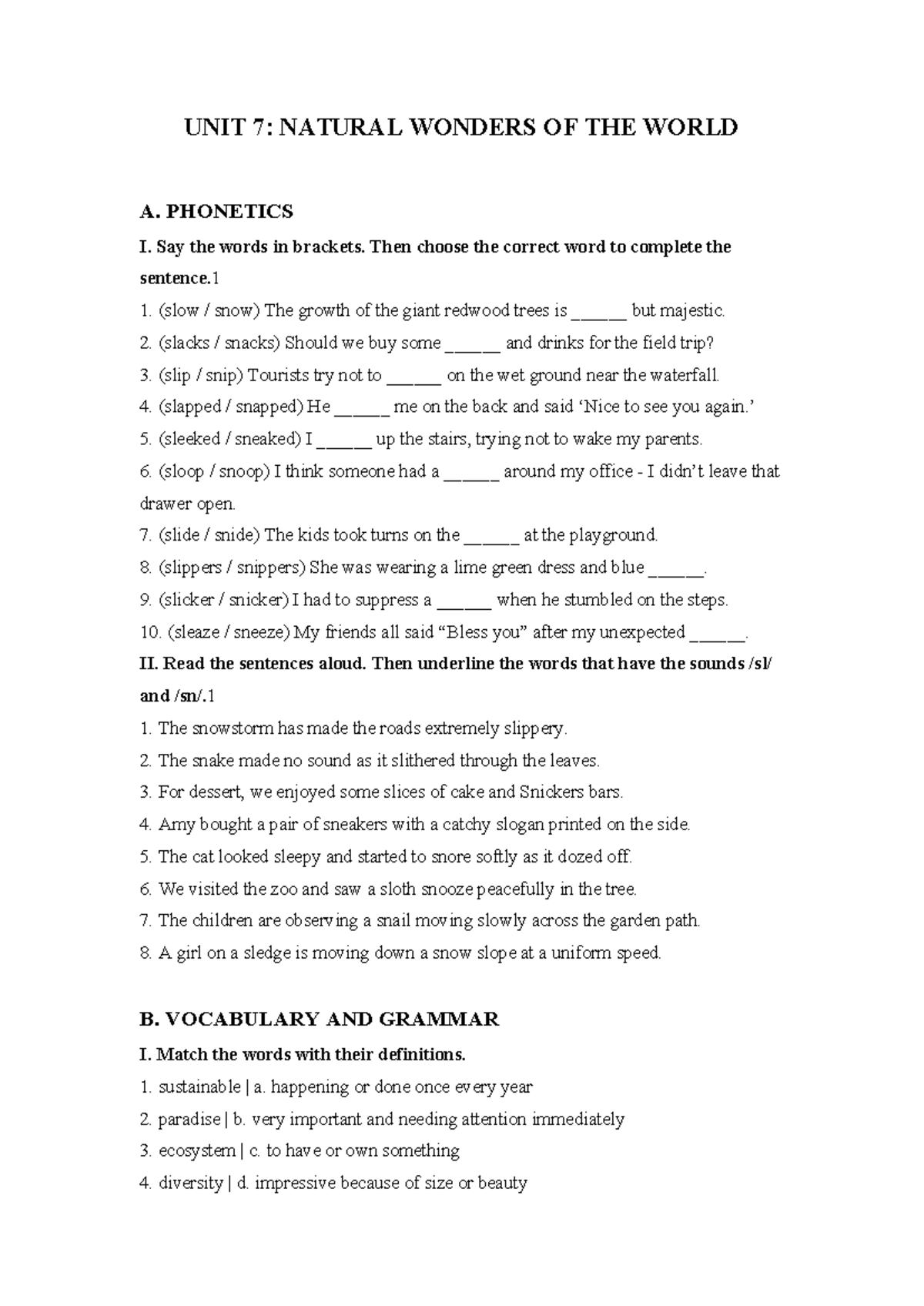 UNIT 7: NATURAL WONDERS OF THE WORLD - PHONETICS & VOCABULARY EXERCISES ...