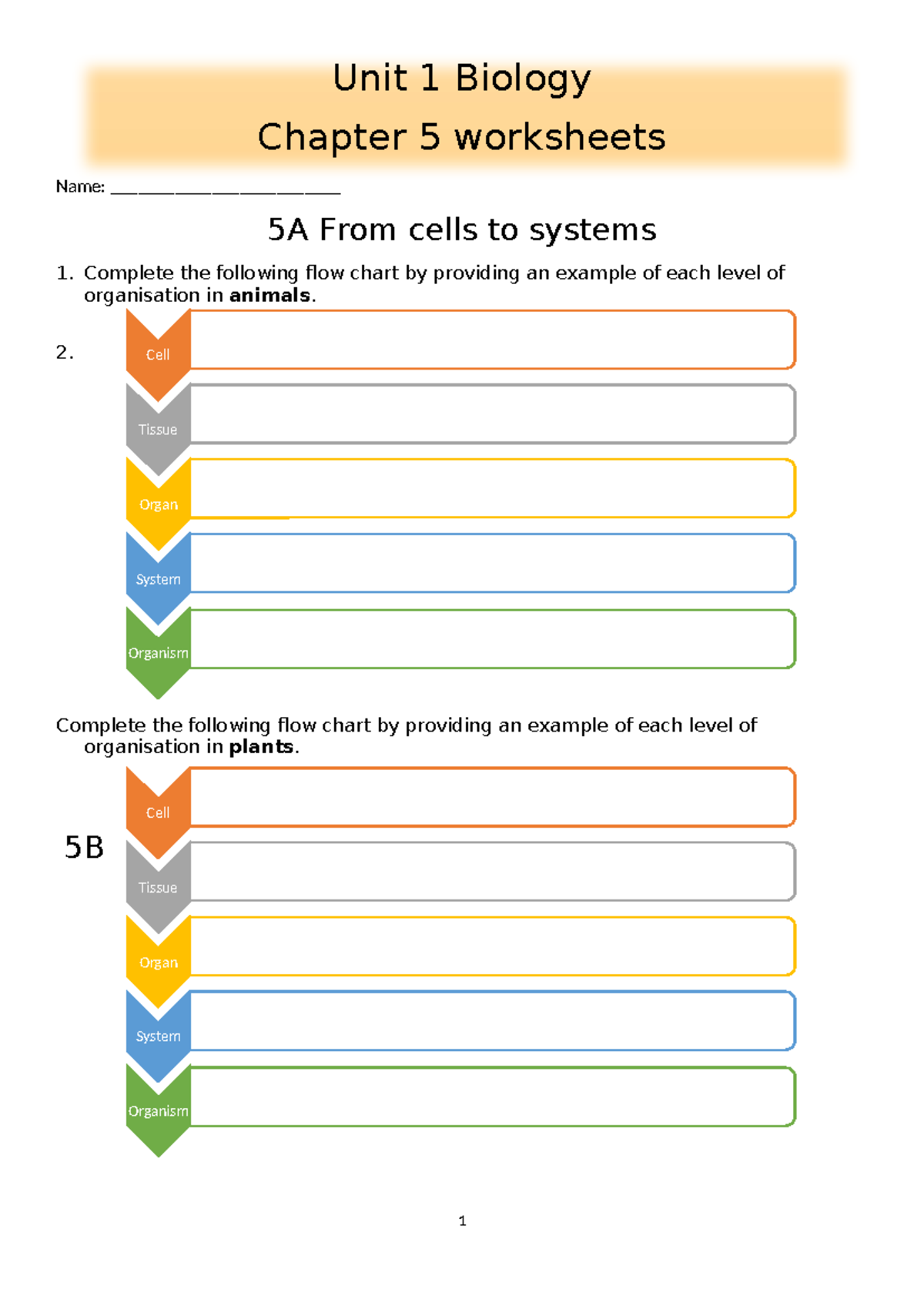 Unit 1 Biology Chapter 5 Worksheets: From Cells to Systems 2025 - Studocu