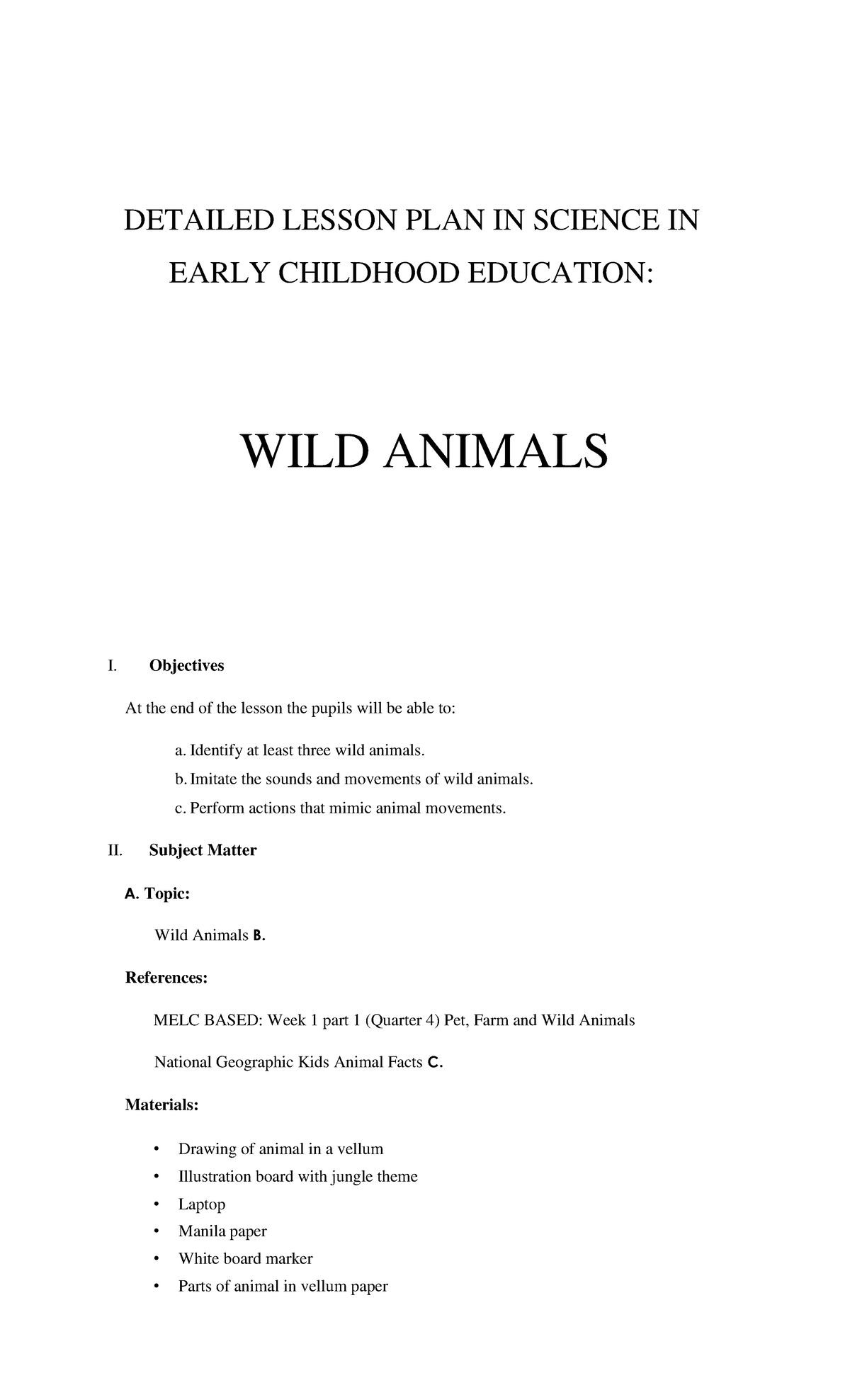 Wild Animals: Detailed Lesson Plan for Early Childhood Education - Studocu