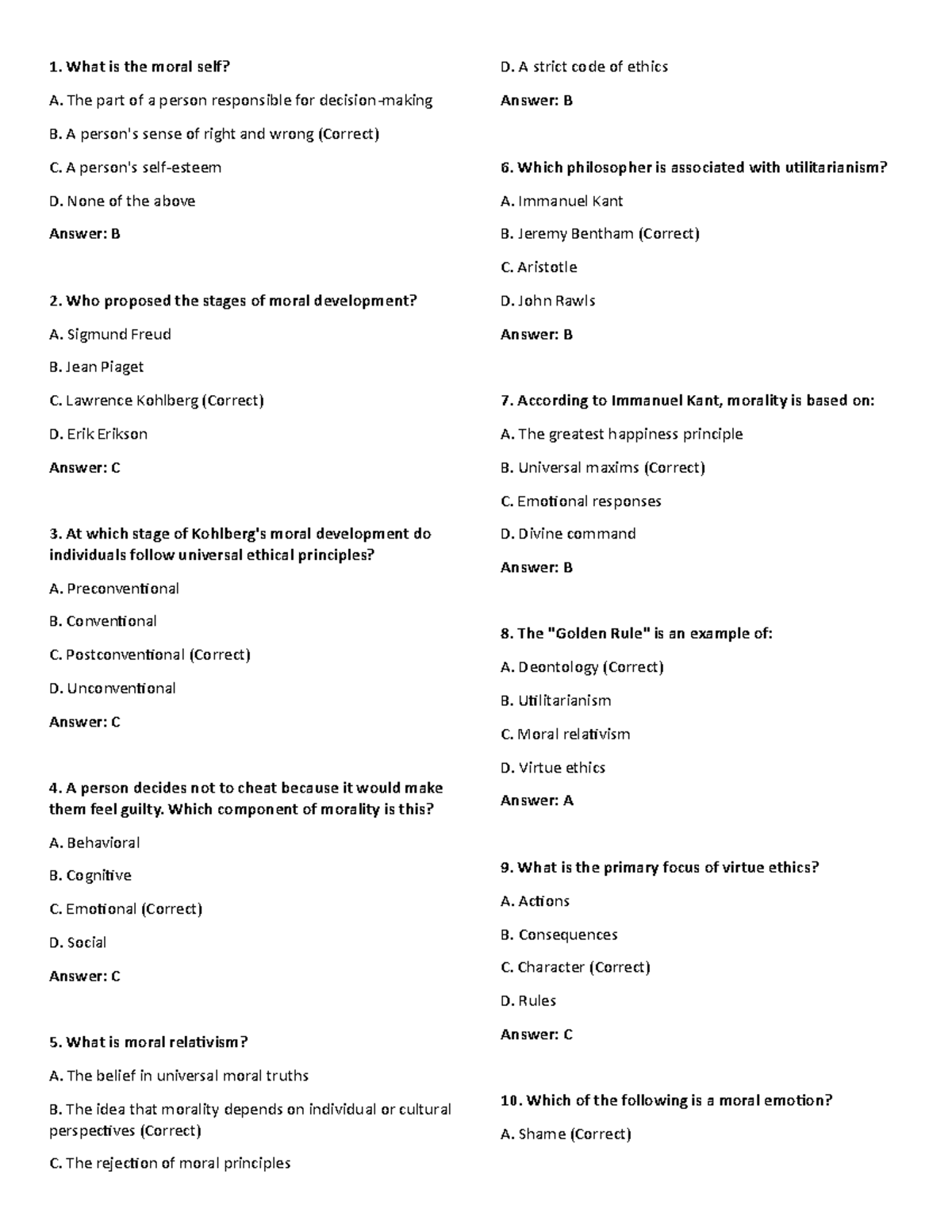 Moral Self Questions Reviewer - What is the moral self? A. The part of ...