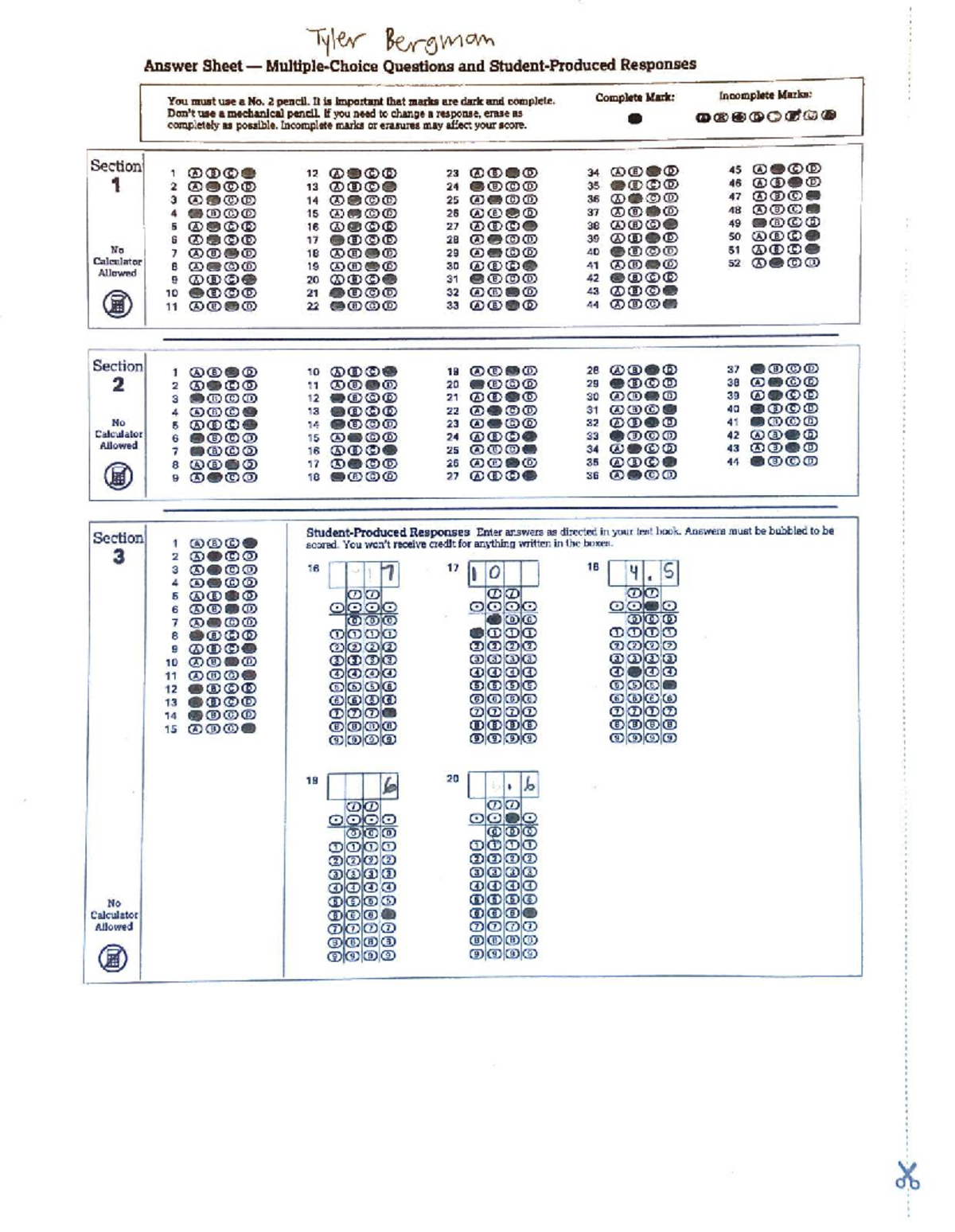Mock SAT Scantron Answer Sheet - Tyler Bergman - Studocu