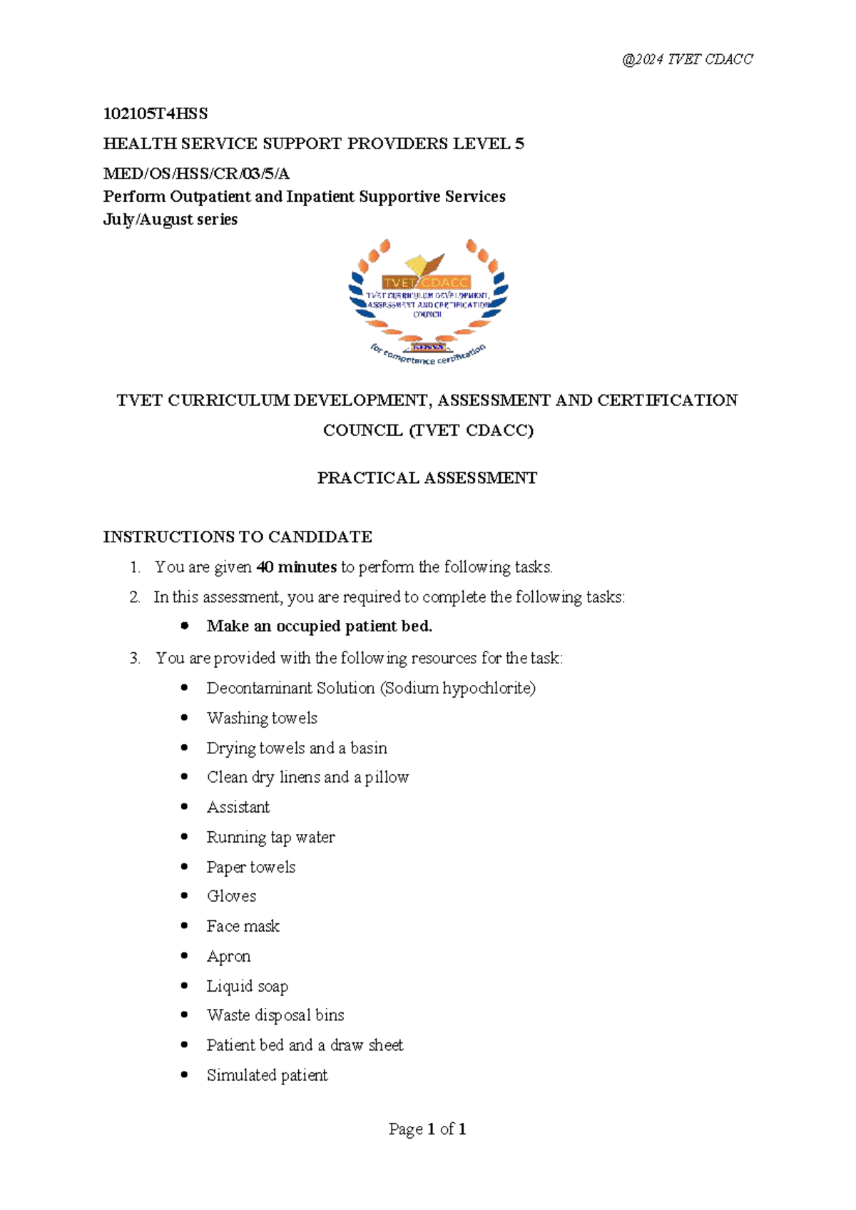 TVET CDACC 102105T4HSS Practical Assessment: Patient Bed Making - Studocu