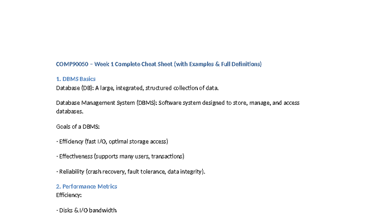 COMP90050 Week 1 DBMS Basics Cheat Sheet with Examples - Studocu