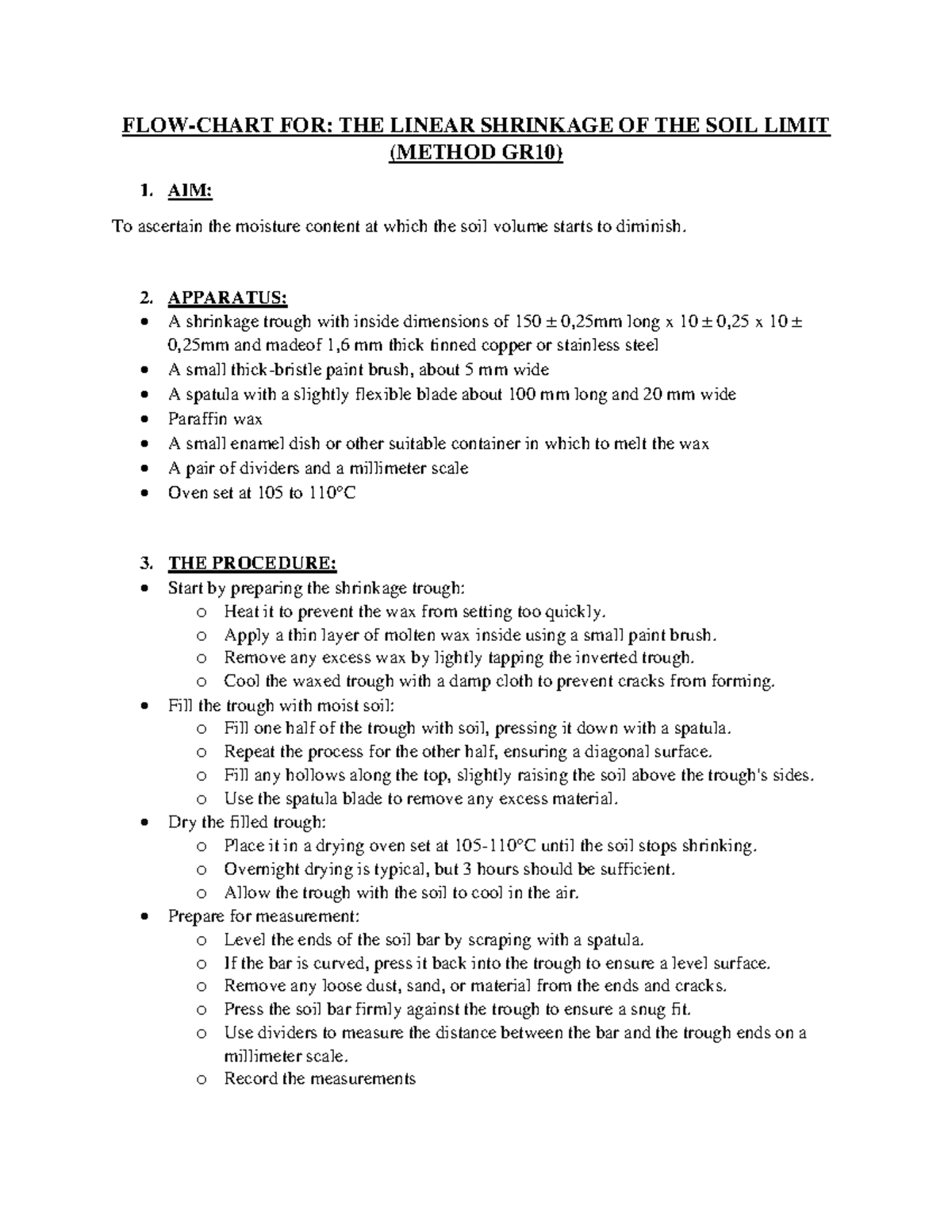 FLOW-CHART FOR LINEAR SHRINKAGE OF SOIL LIMIT (METHOD GR10) - Studocu