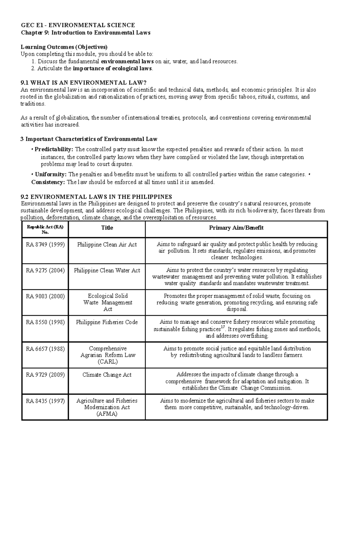 GEC E1 ENVIRONMENTAL SCIENCE Chapter 9: Overview of Environmental Laws ...