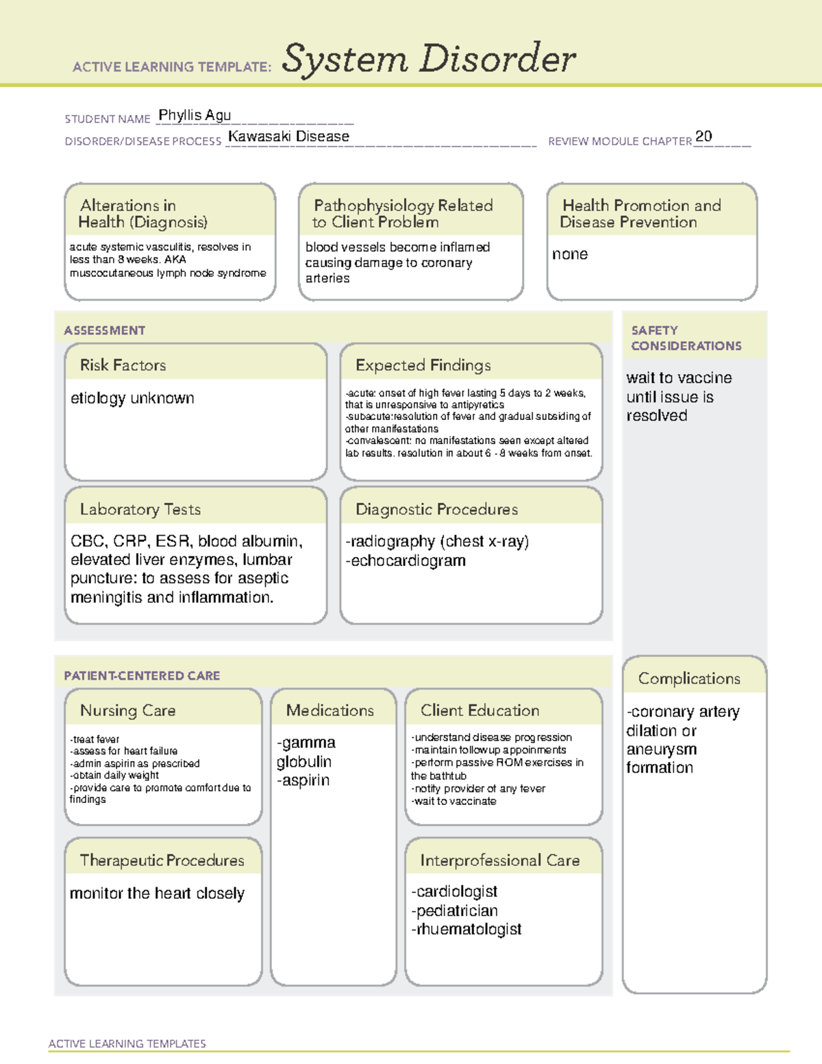 ACTIVE LEARNING TEMPLATE: Kawasaki Disease Review Module CH 20 - Studocu