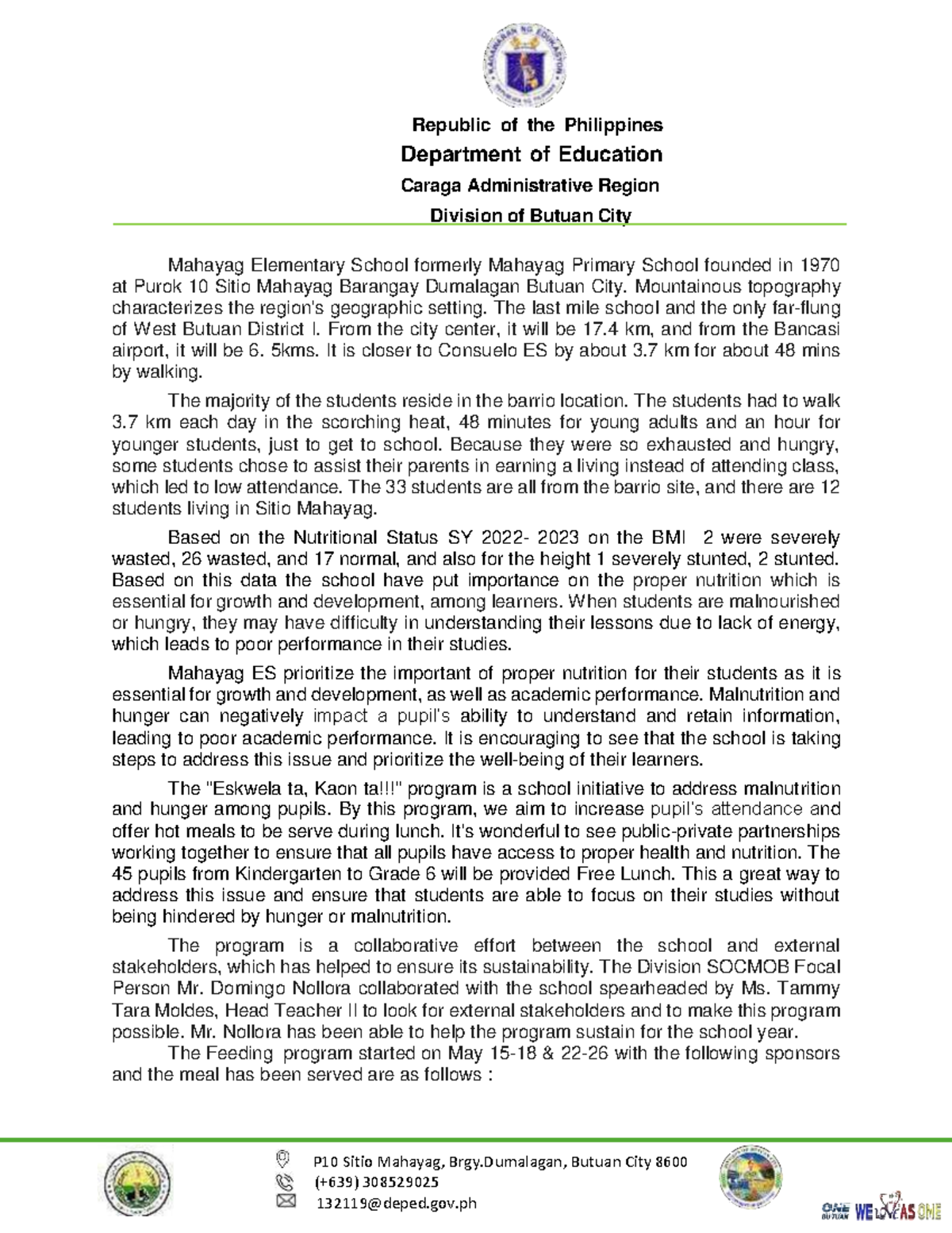 Final Narrative Report on Feeding Program at Mahayag Elementary School ...
