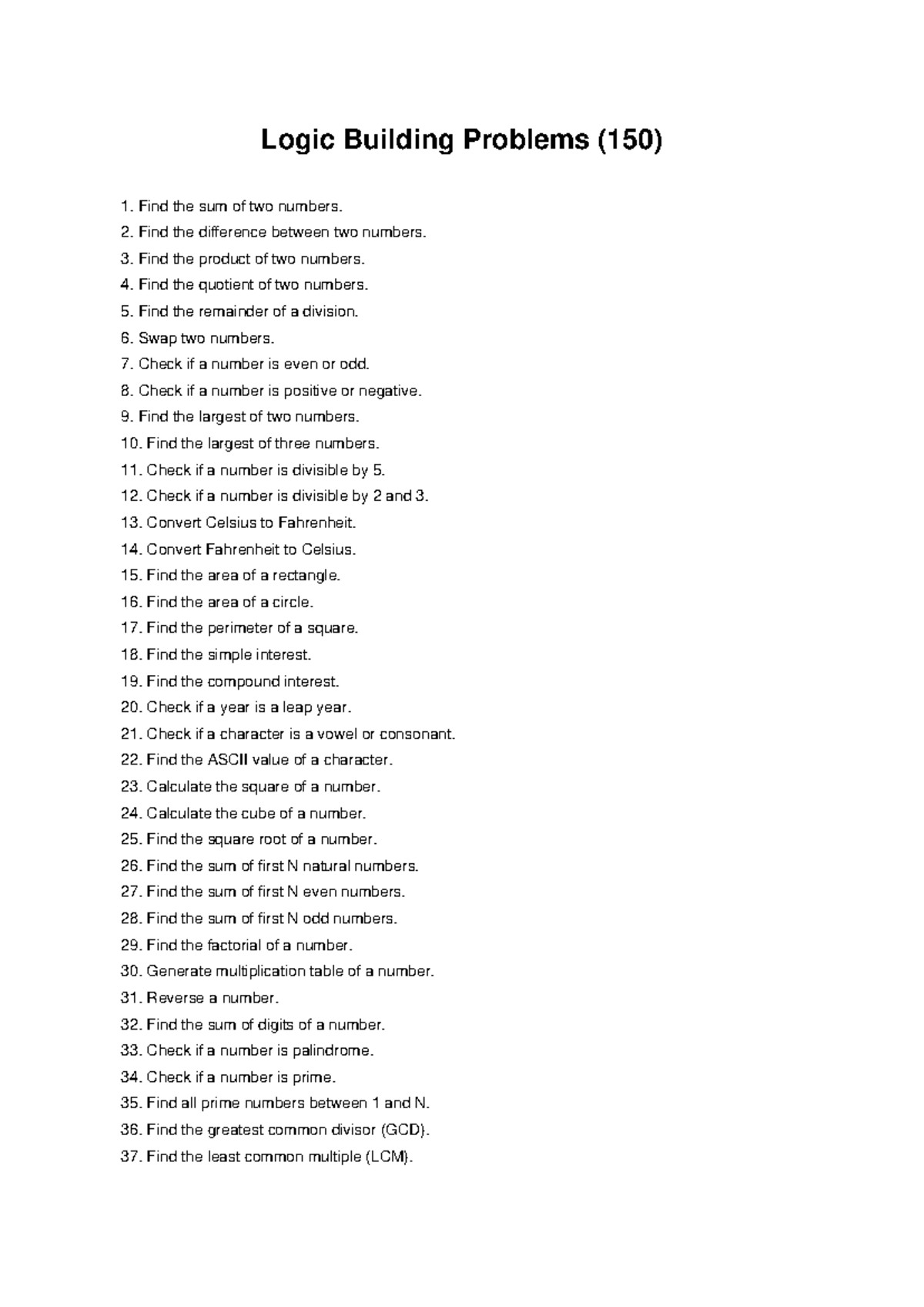 Logic Building Problems (150): Comprehensive Problem Set - Studocu