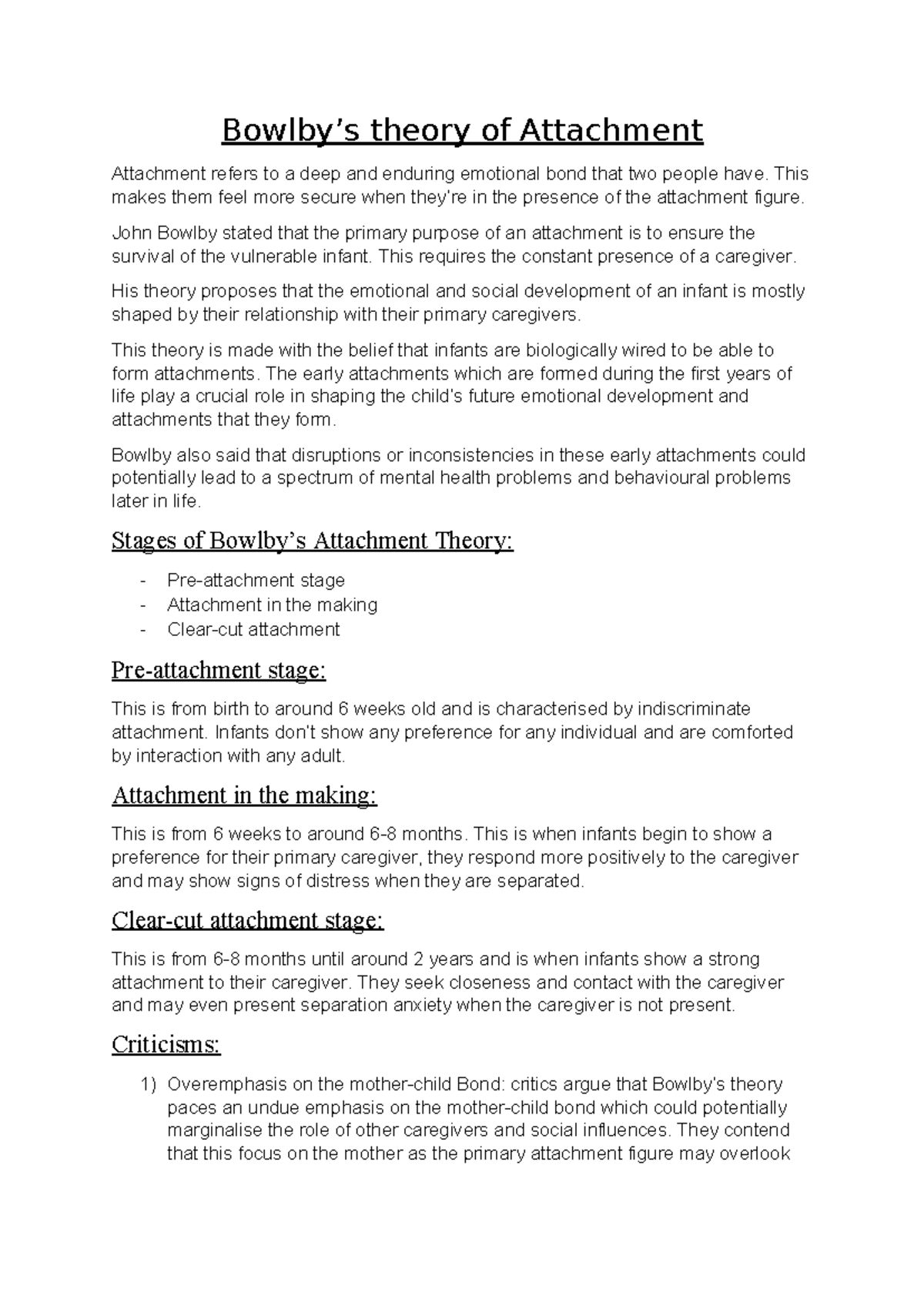 Unit 1 Revision: Understanding Bowlby's Attachment Theory - Studocu