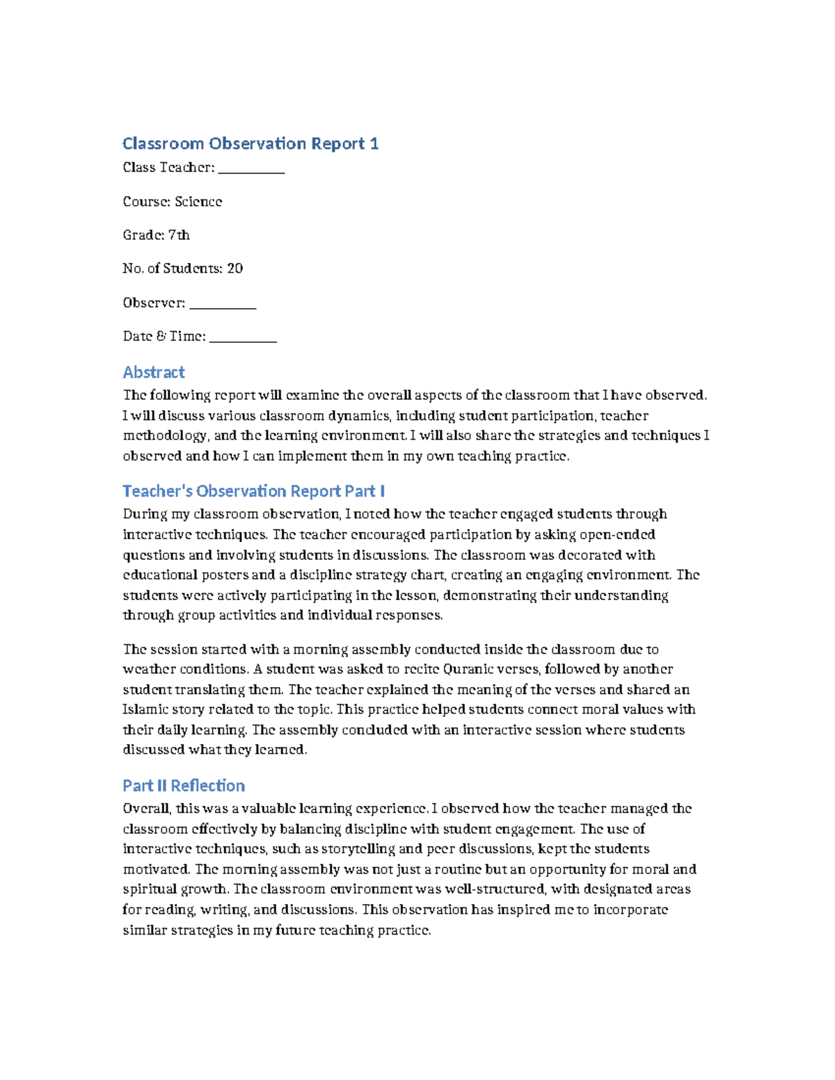 Classroom Observation Report - of Students: 20 Observer ...