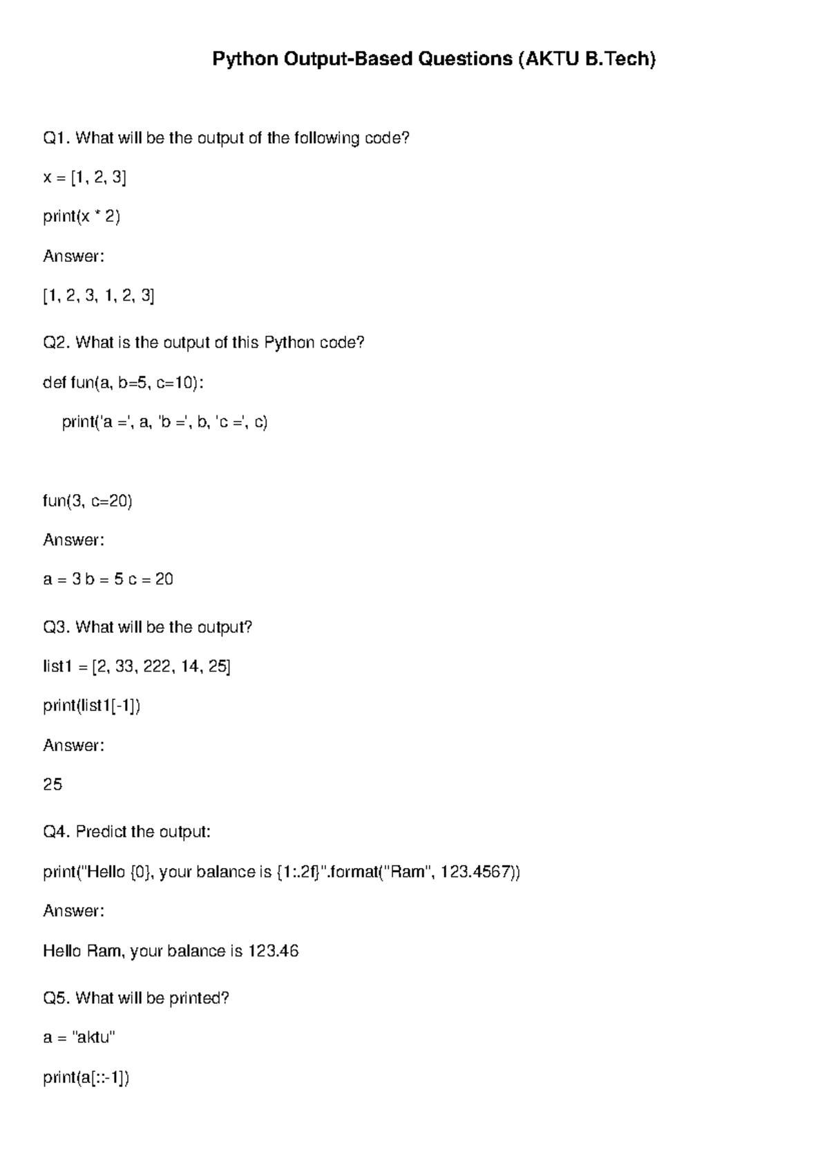Python Output Questions (AKTU B.Tech) - Studocu