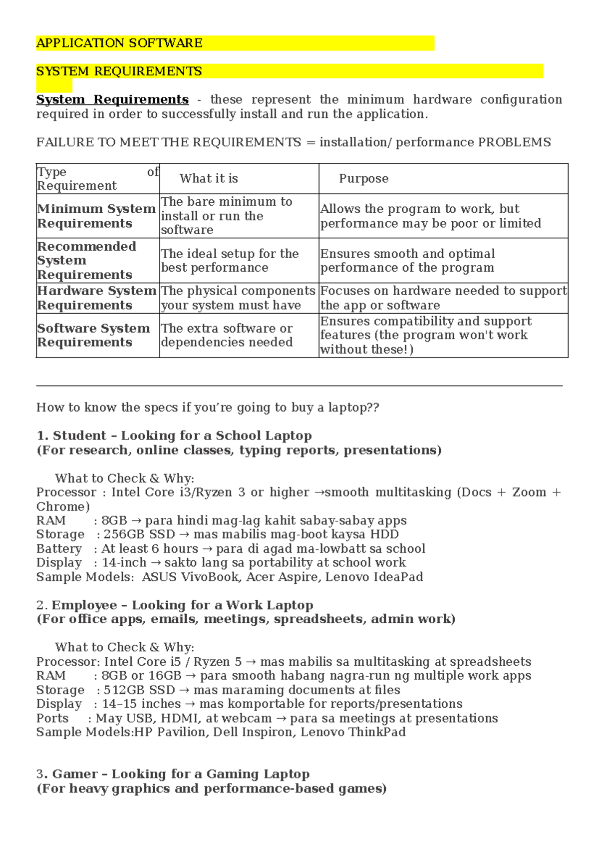APPLICATION SOFTWARE SYSTEM REQUIREMENTS Handout - Studocu