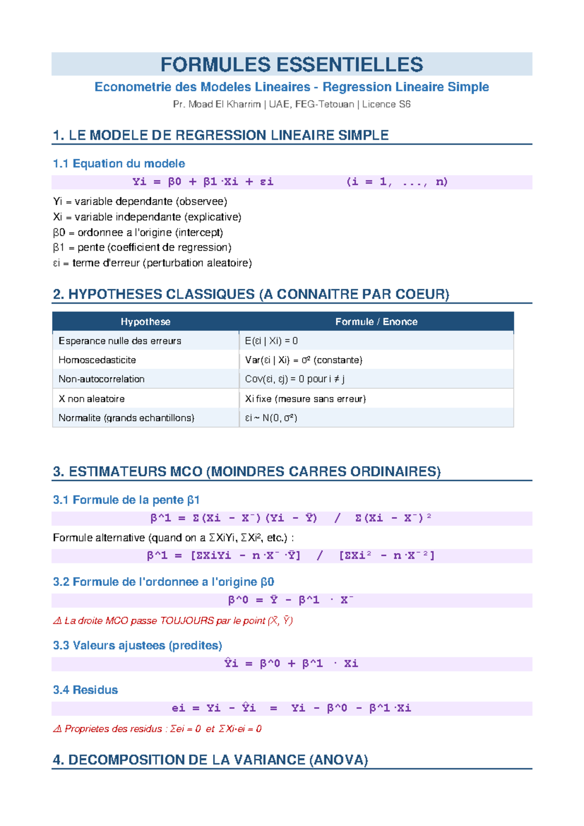Formules Essentielles pour l'Économétrie : Régression Linéaire Simple ...
