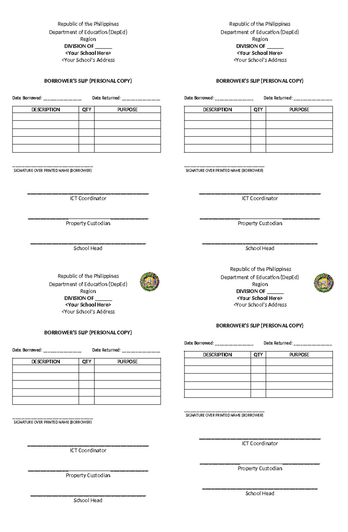 Borrower's Slip Template for DepEd Documentation - Studocu