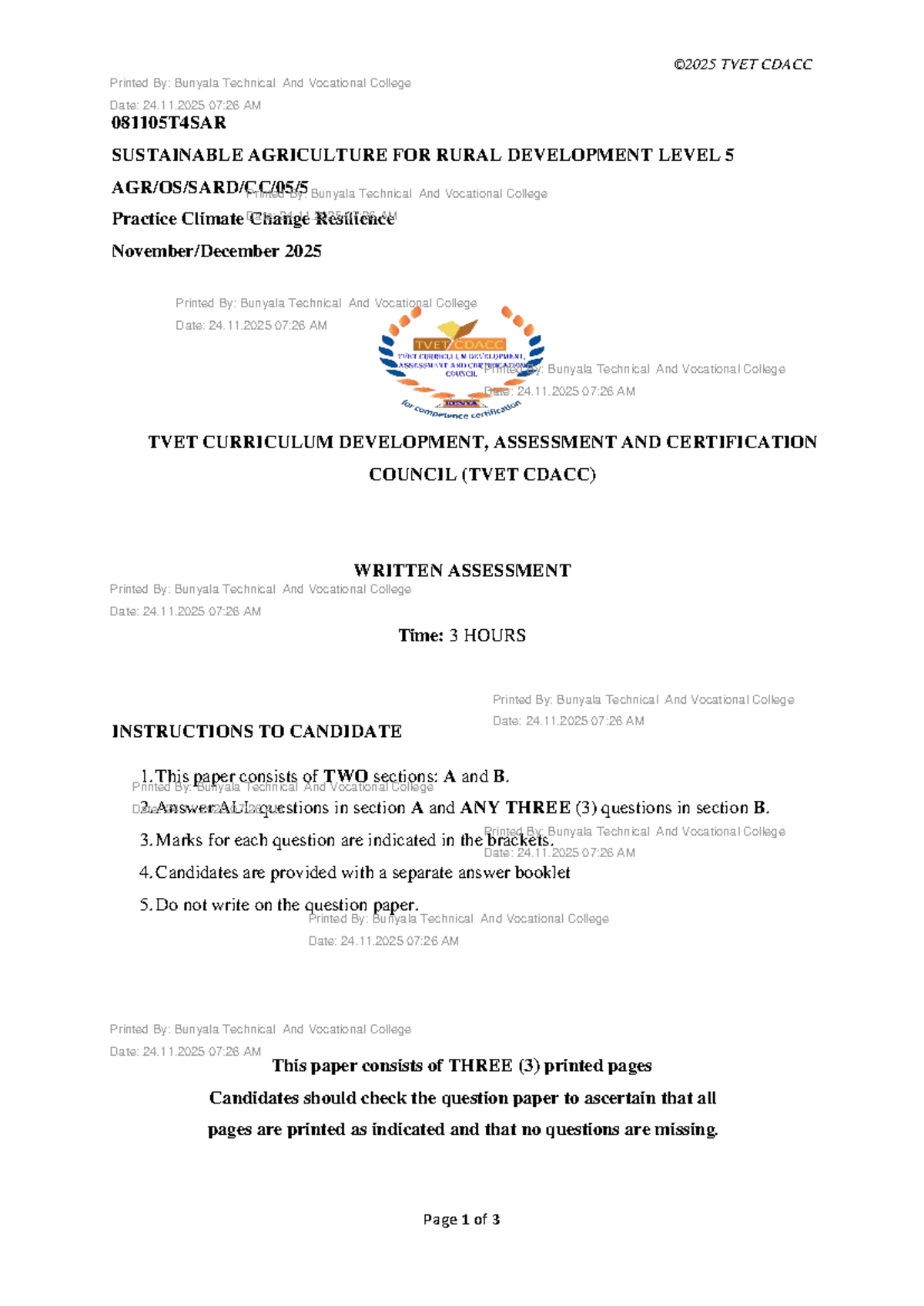 TVET CDACC Level 5 Written Assessment: Sustainable Agriculture ...