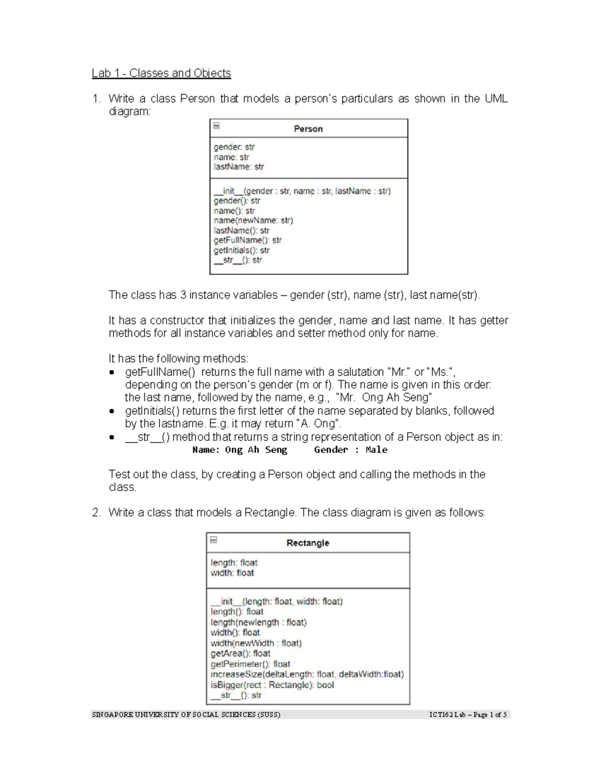 Lab 1: Classes and Objects in ICT162 - SUSS - Studocu